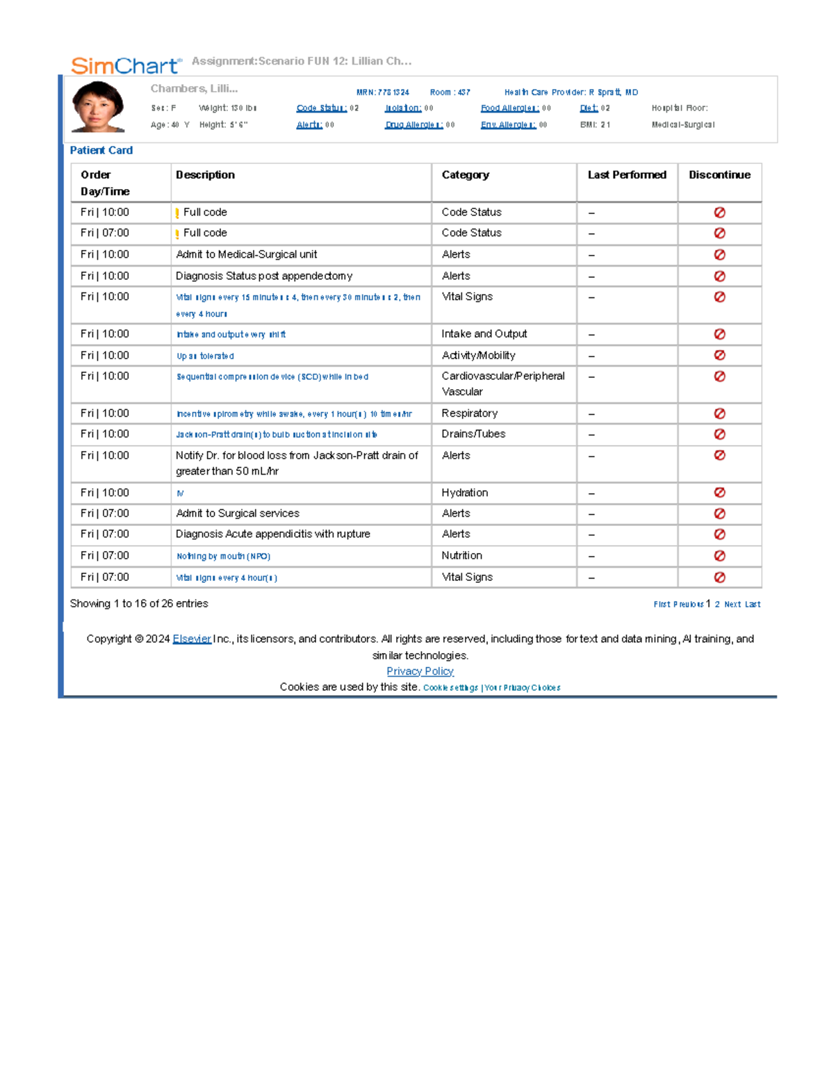Sim Chart Assignment: Scenario FUN 12 - Lillian Chambers (MRN 7781324 ...