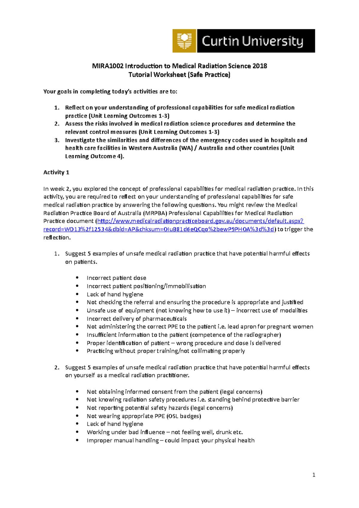 Week 13 Tutorial Notes - MIRA1002 Introduction to Medical Radiation ...