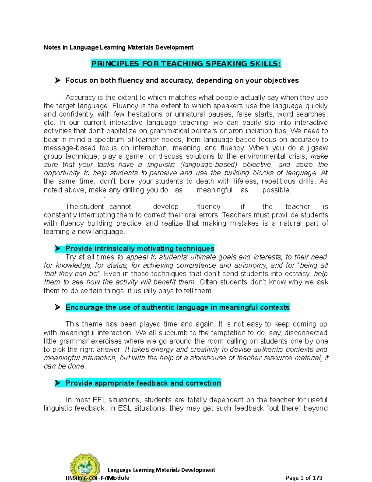 Principles for Teaching Speaking Skills: Strategies & Techniques - Studocu