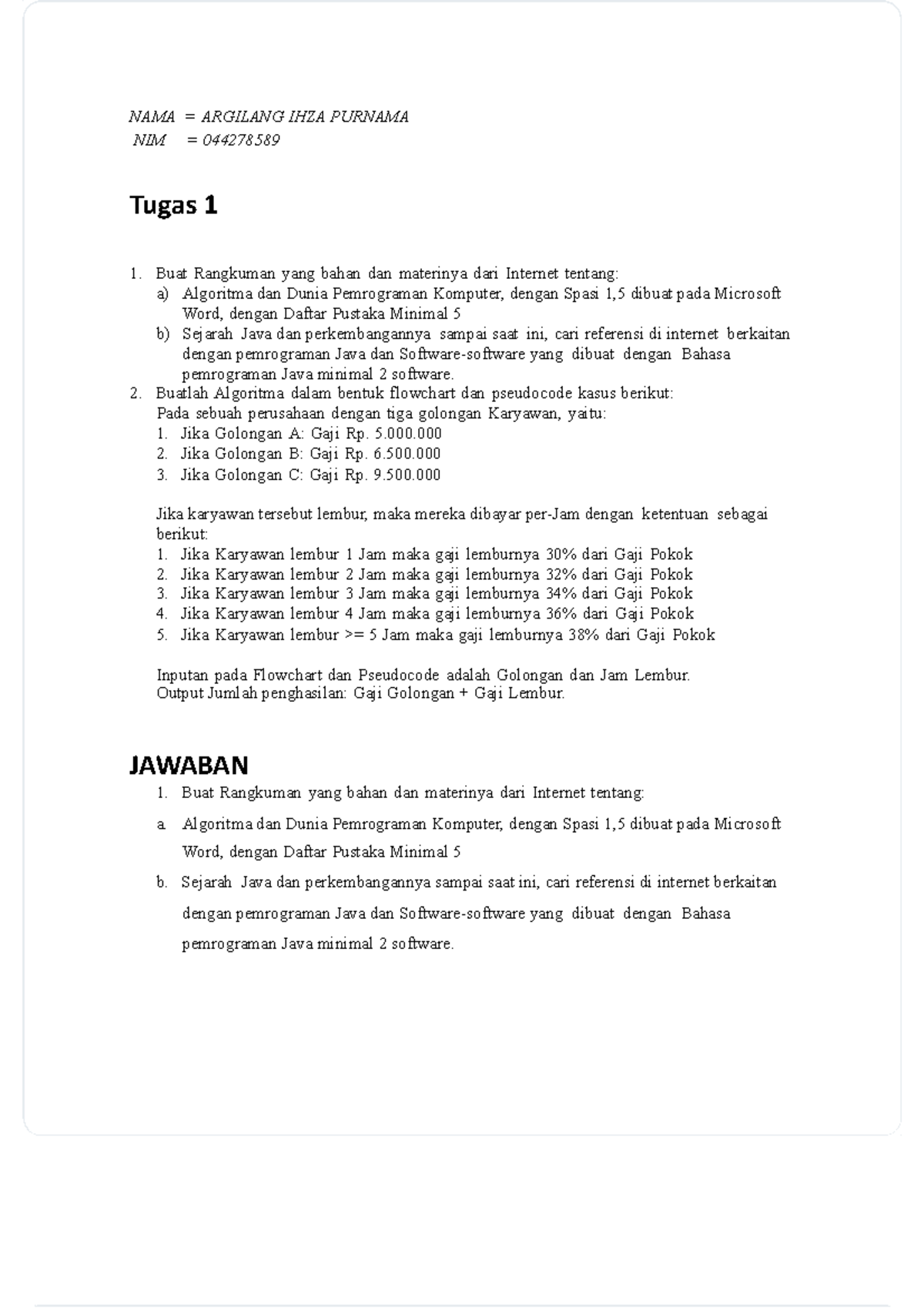 Tugas 1 MSIM4203 - Rangkuman Algoritma & Sejarah Pemrograman Java - Studocu