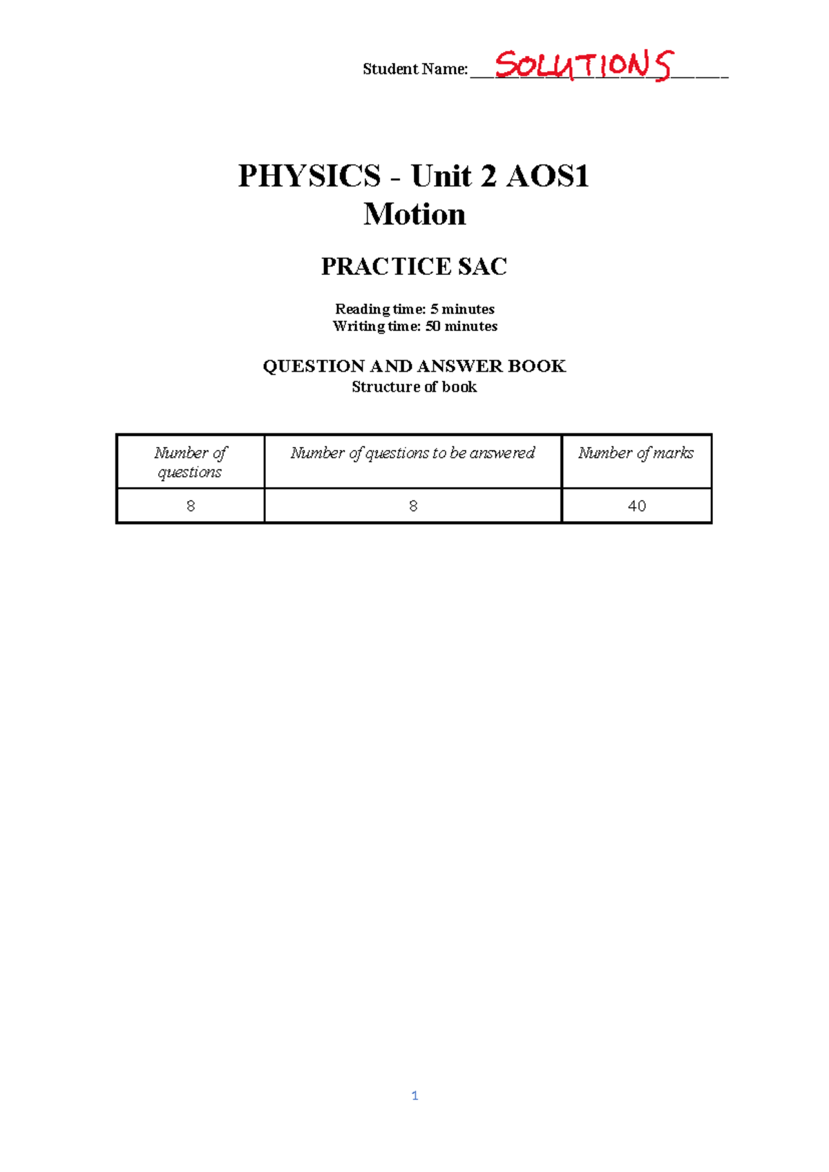 Motion Practice SAC PHYSICS Unit 2 AOS1 with Answers - Studocu