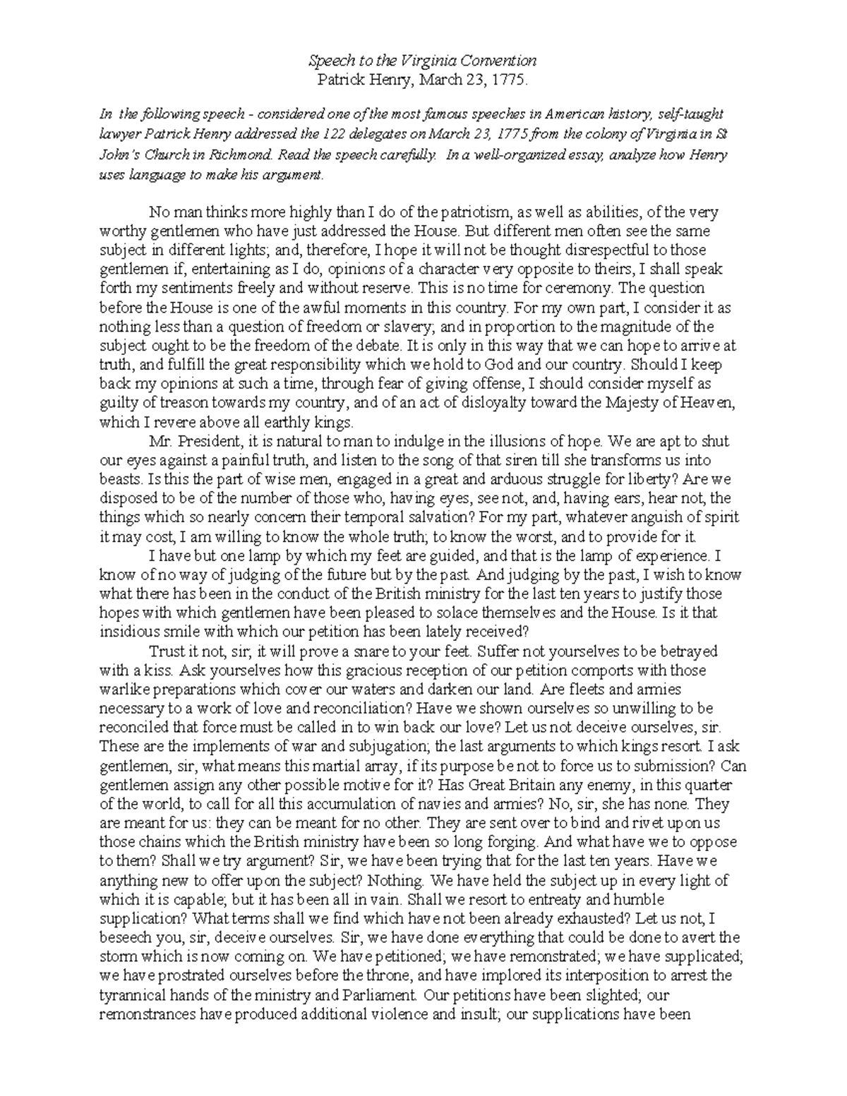 Patrick Henry's Speech to the Virginia Convention - Analysis Essay ...