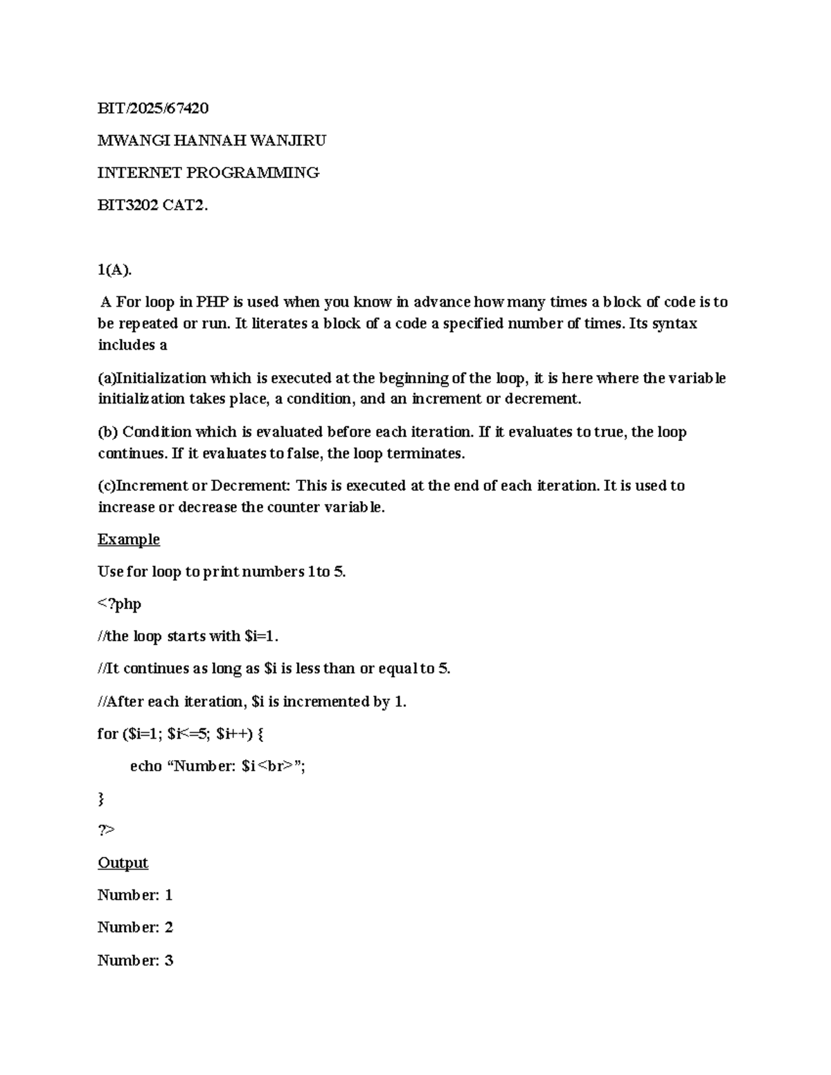 BIT3202 Internet Programming CAT2.1(A) - PHP Loop Concepts - Studocu