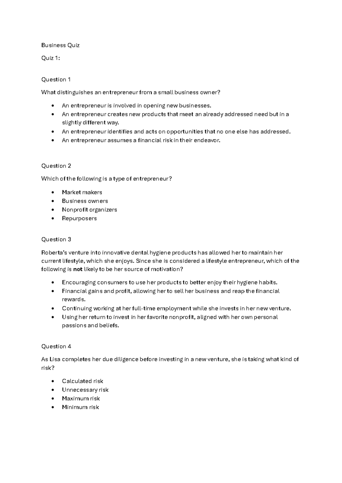 Business Quiz Notes: Insights and Analysis on Entrepreneurship - Studocu