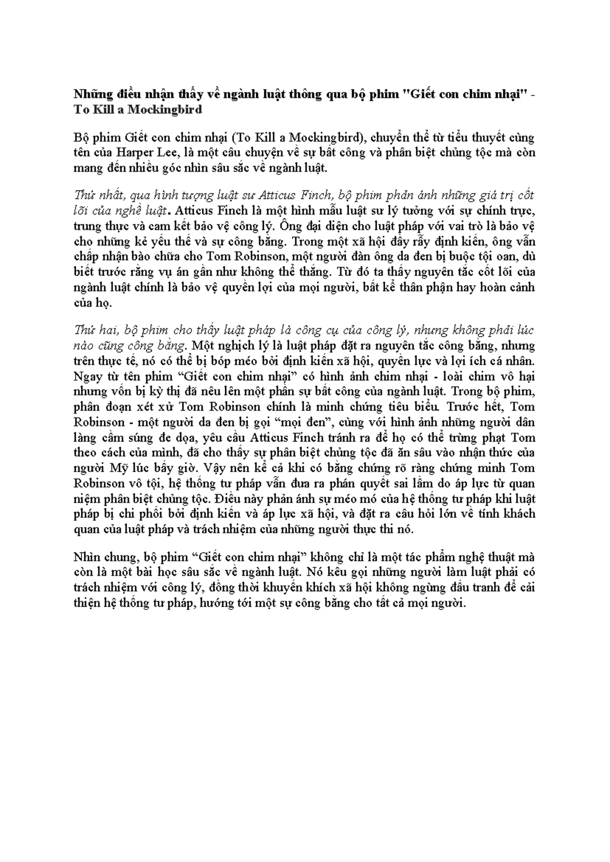PLĐC - Nhận Thức Về Ngành Luật Qua Phim "To Kill a Mockingbird" - Studocu