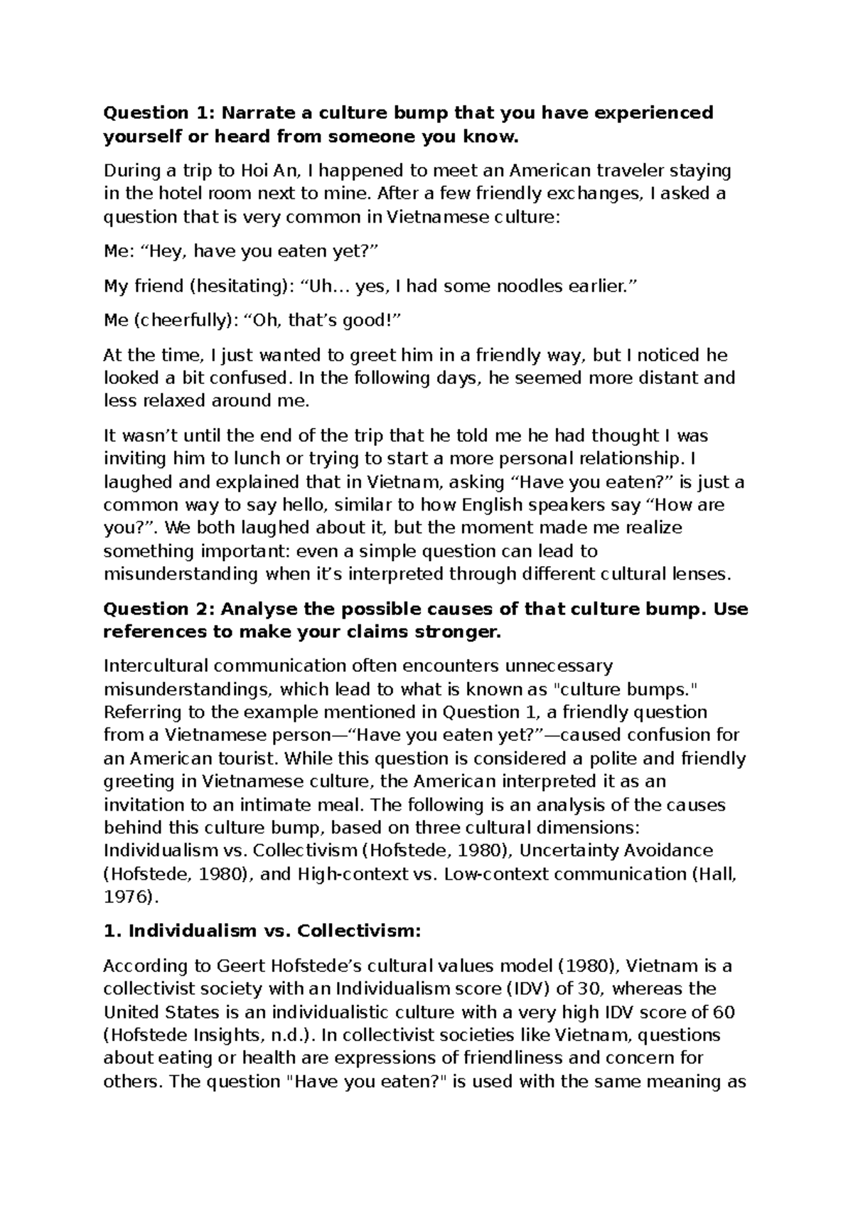 GTVH - Essay on Cultural Bumps and Intercultural Communication - Studocu