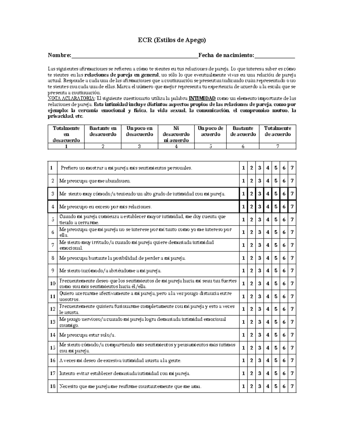 ECR R: Cuestionario sobre Estilos de Apego en Relaciones de Pareja ...