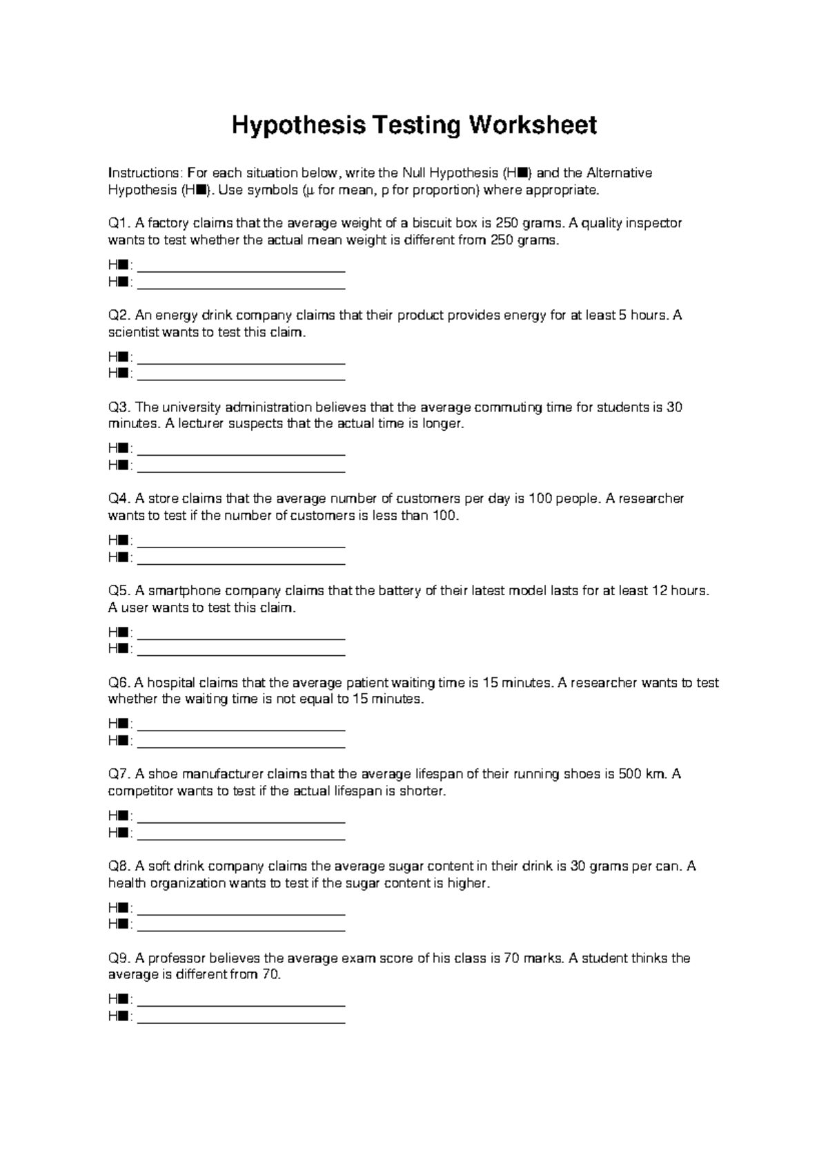 Hypothesis Testing Worksheet: Null & Alternative Hypotheses - Studocu