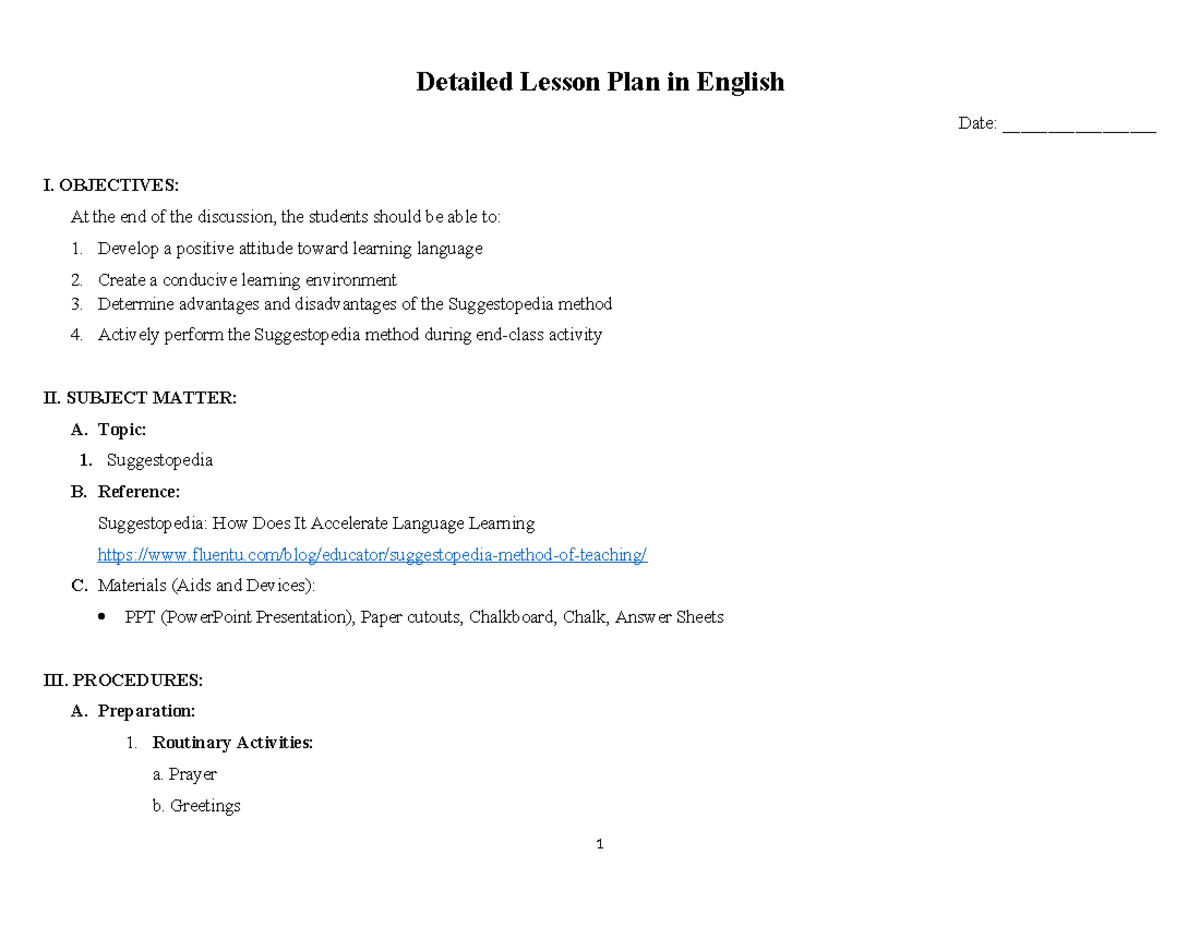 Detailed Lesson Plan on Suggestopedia - EL 103 - Studocu