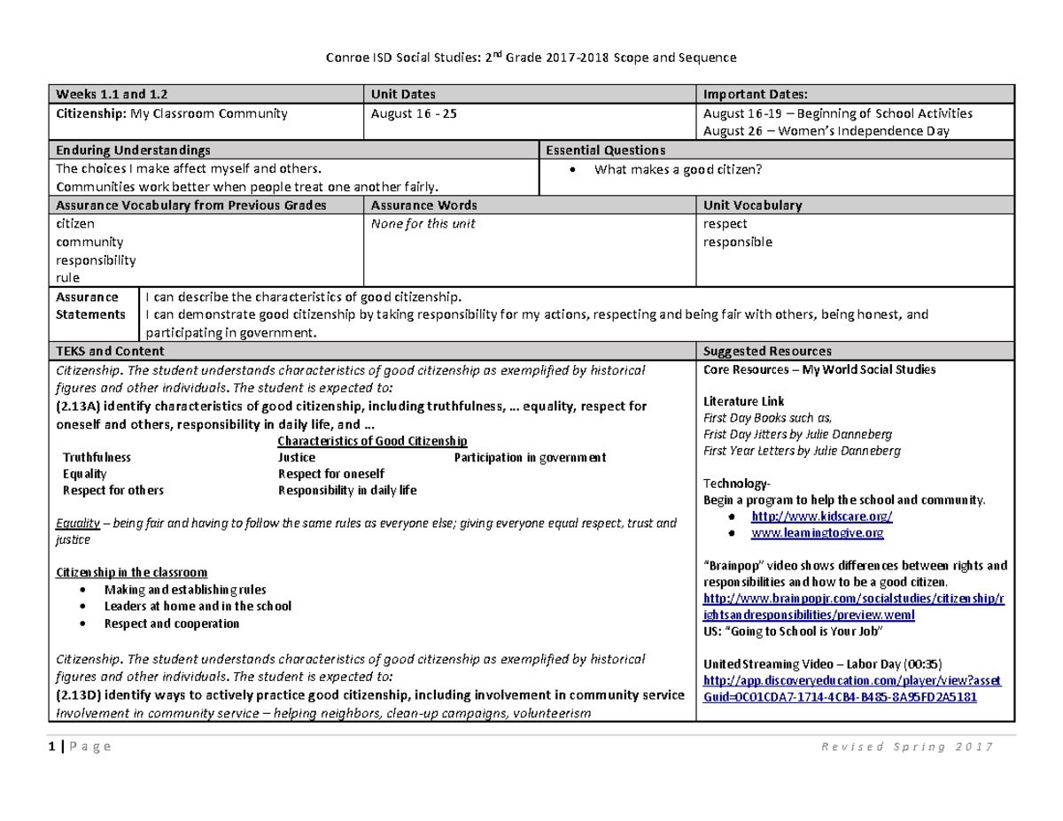 2nd Grade Social Studies Scope & Sequence: Citizenship Unit (2017-2018 ...