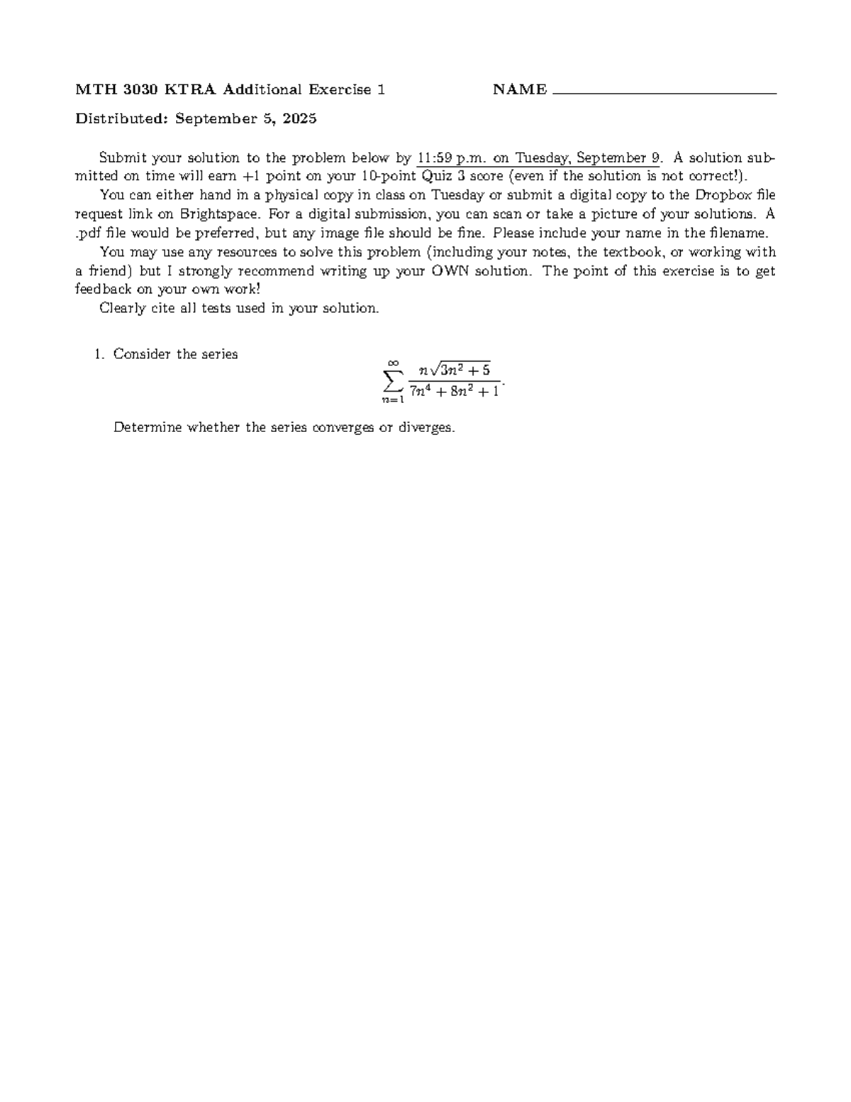 MTH 3030 KTRA Quiz 3 Additional Exercise 1 - Series Convergence - Studocu