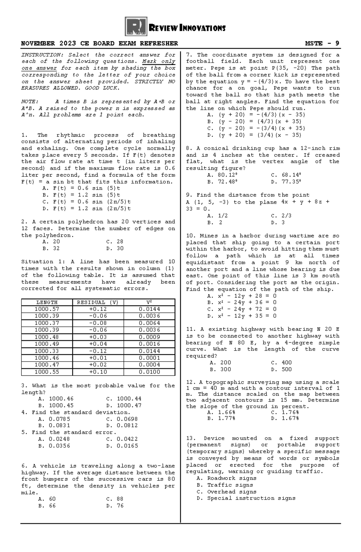 MSTE 9 - November 2023 CE Board Exam Review Problems - Studocu