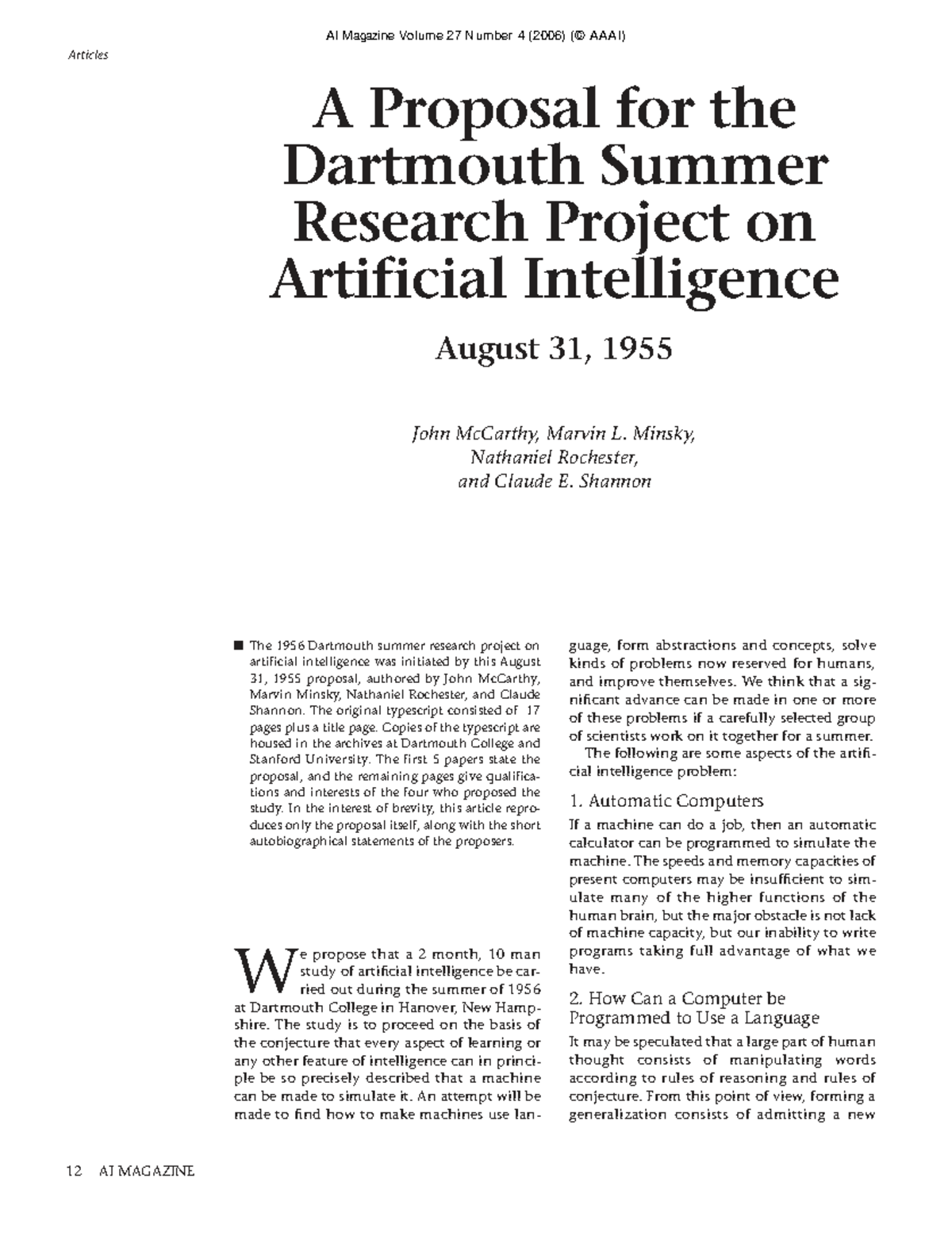 Dartmouth Summer Research Project on AI Proposal (1955) - Studocu