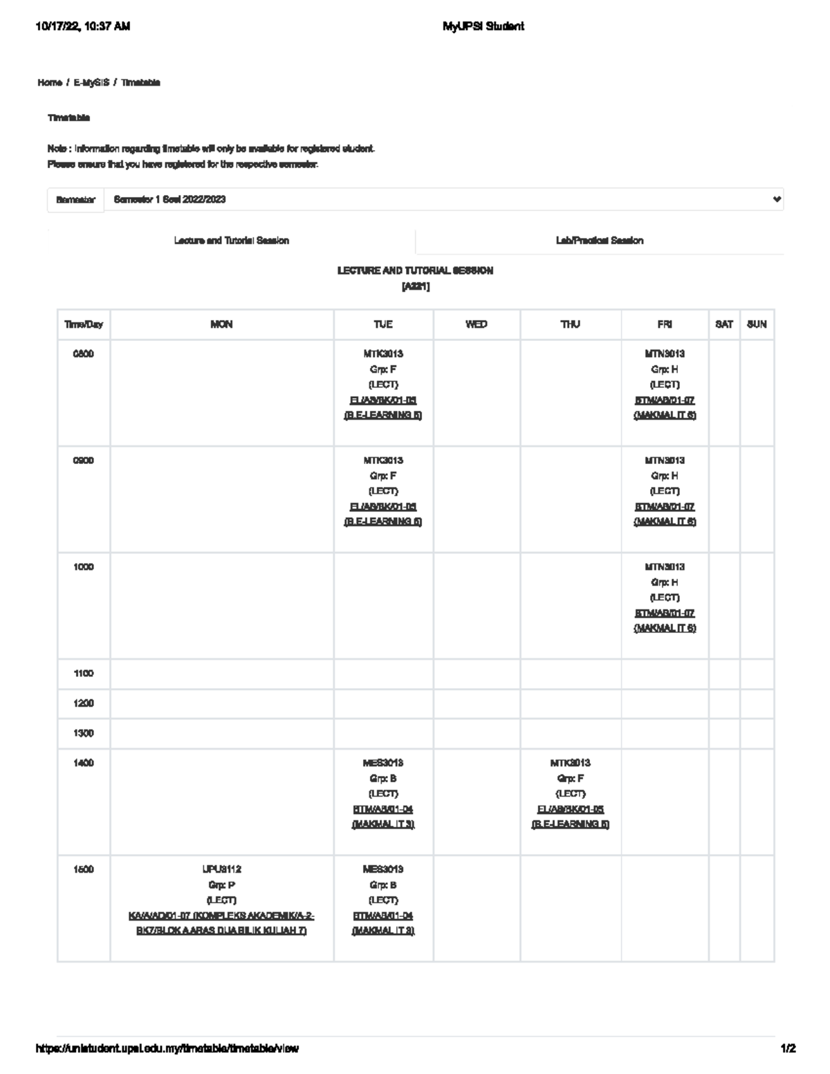 SS - Assignment: Semester 1 Timetable for MTK3013, MTN3013, MES3013 - Studocu