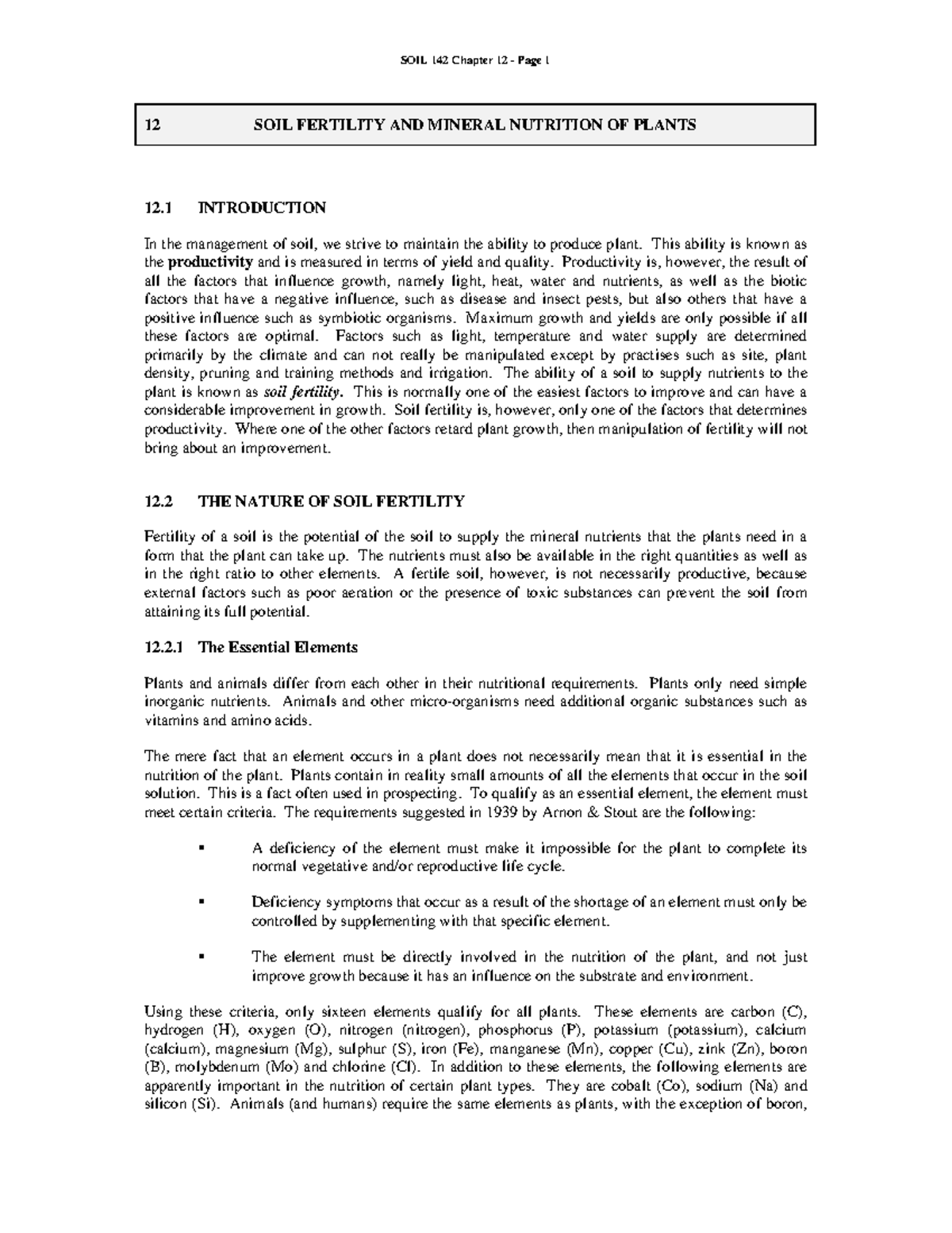 SOIL 142 Chapter 12 - Soil Fertility & Mineral Nutrition of Plants ...