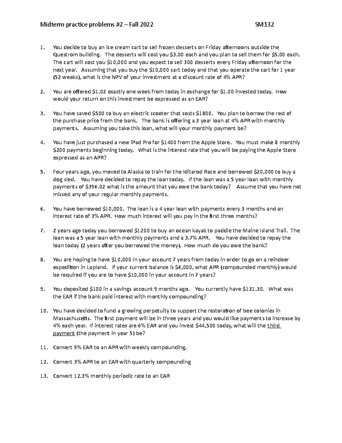 Midterm Practice Problems #2 - Fall22 - Midterm practice problems #2 – Fall 2022 SM You decide ...