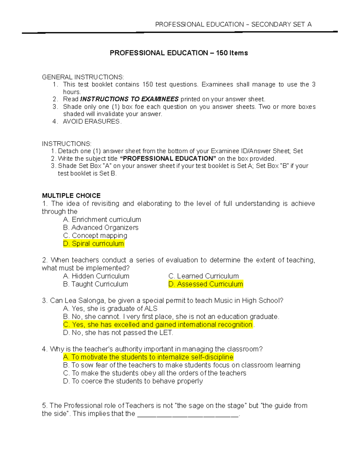 Professional Education Test - Profedlet SET A 2020 - 150 Items - Studocu