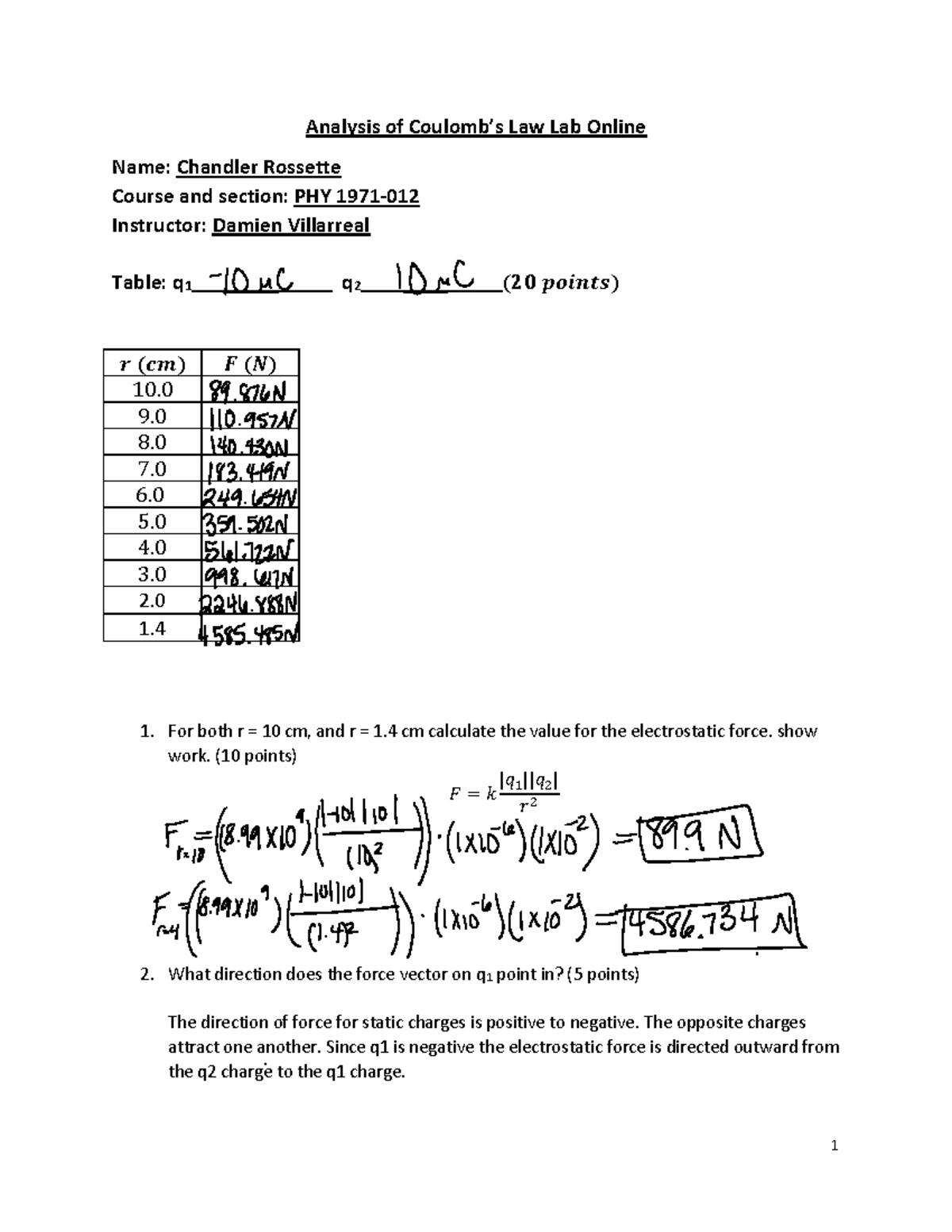 Fall 2023 PHY 1971-012 Coulomb's Law Lab Analysis - Studocu