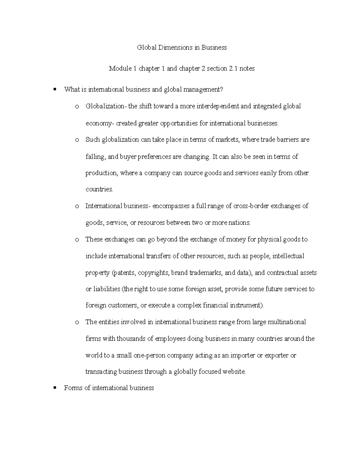 Module 1: Global Business - Chapter 1 & Chapter 2.1 Notes on ...