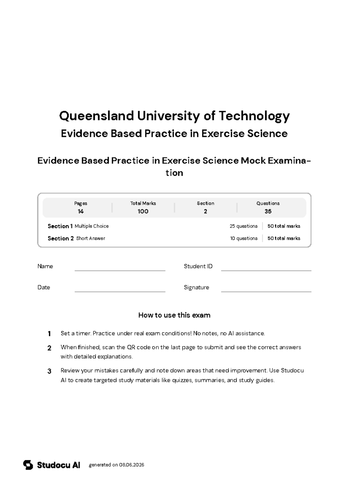 Evidence Based Practice in Exercise Science Mock Exam - Studocu