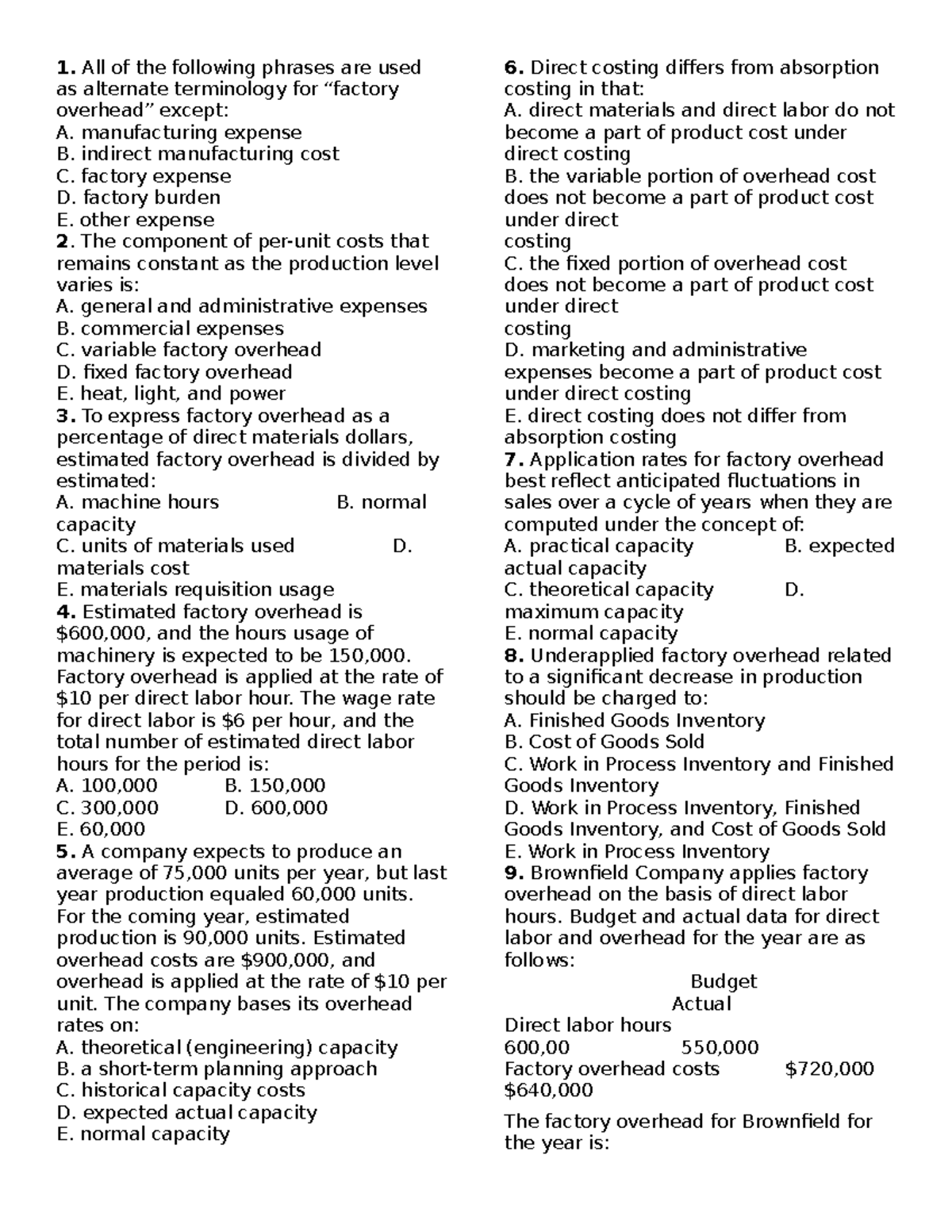 COST- Exercise: Understanding factory overhead and cost allocation ...