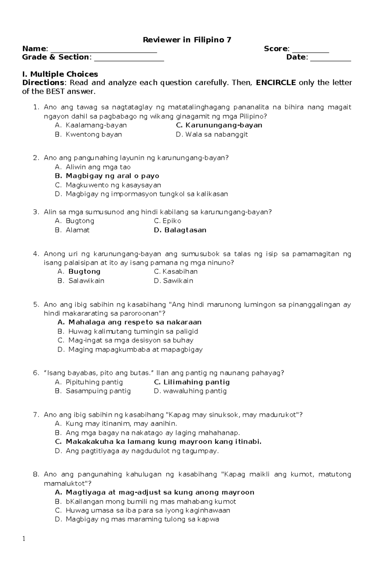 Filipino 7 Reviewer: Multiple Choice and True/False Questions - Studocu