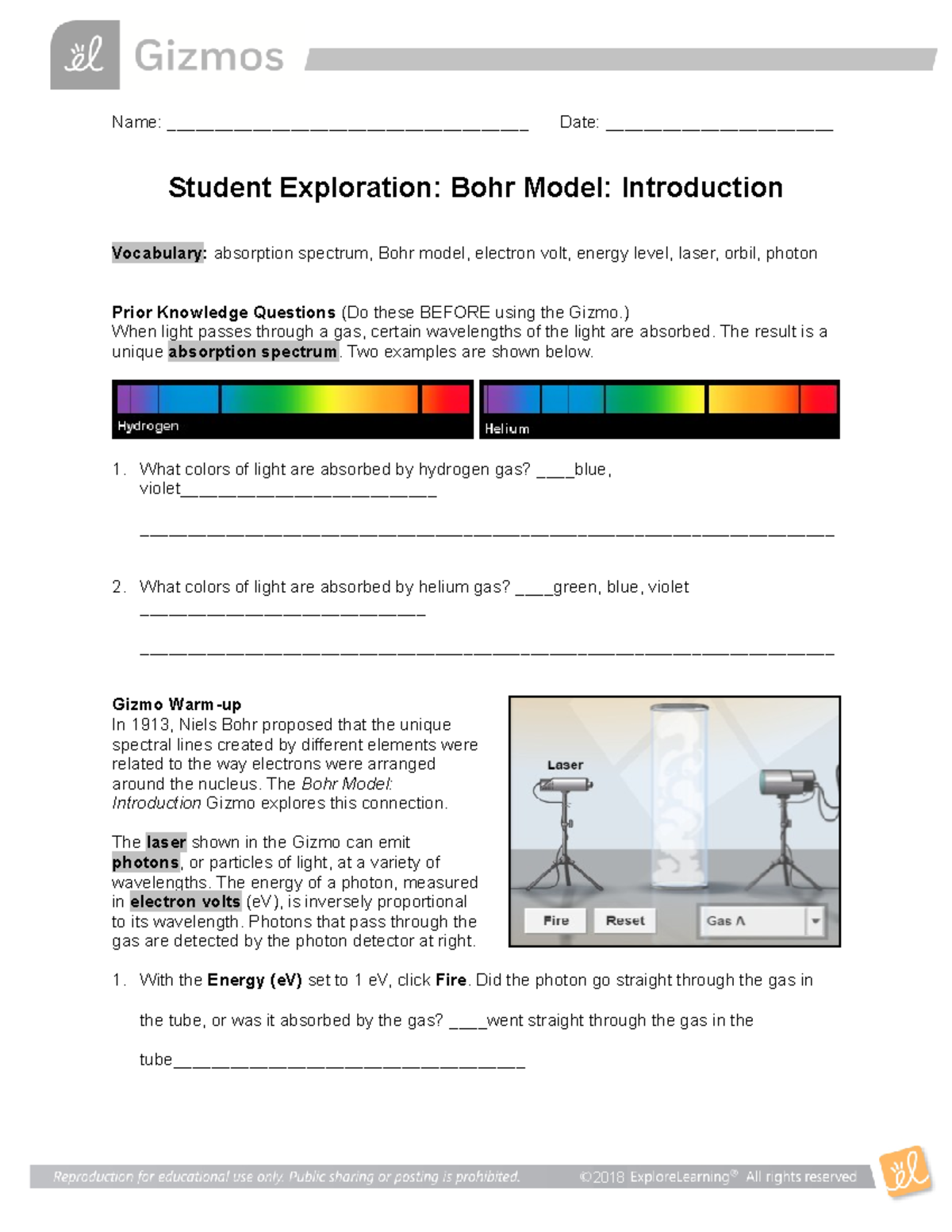 Bohr Model Intro SE - 1111 - Name ...