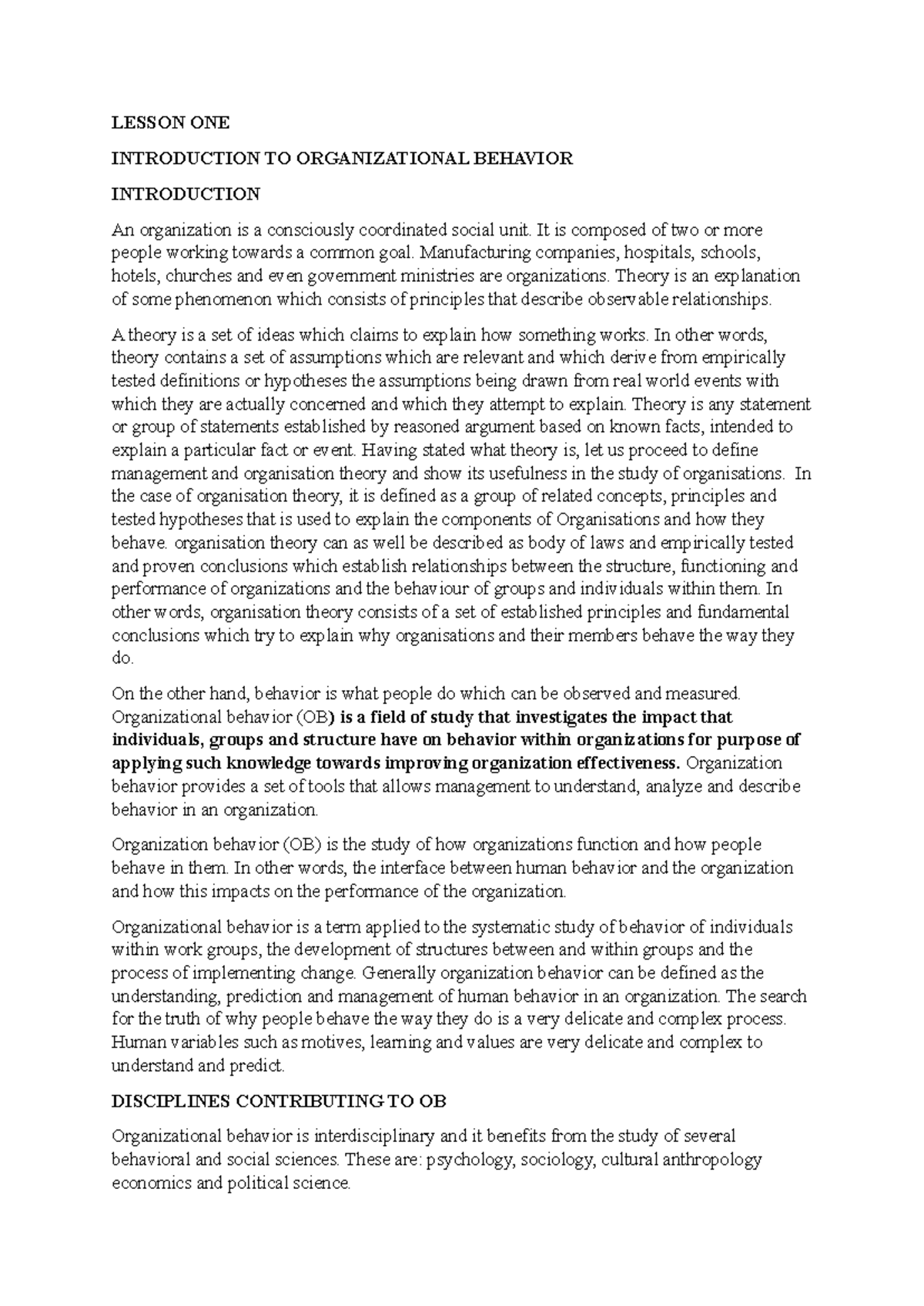 BCB 210 Lesson One: Intro to Organizational Behavior Revision Notes ...