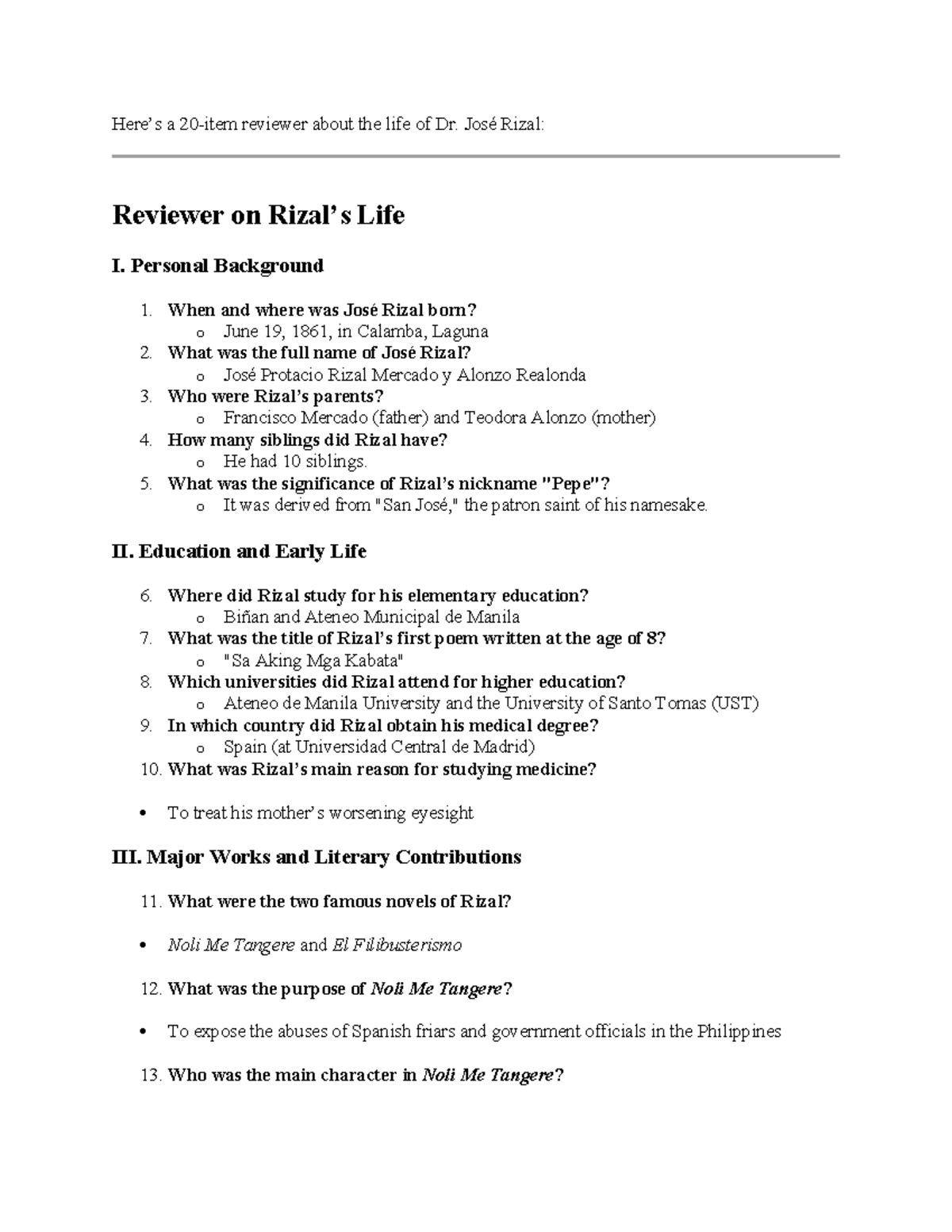 Reviewer Rizal LIFE 2 - Here’s a 20-item reviewer about the life of Dr ...