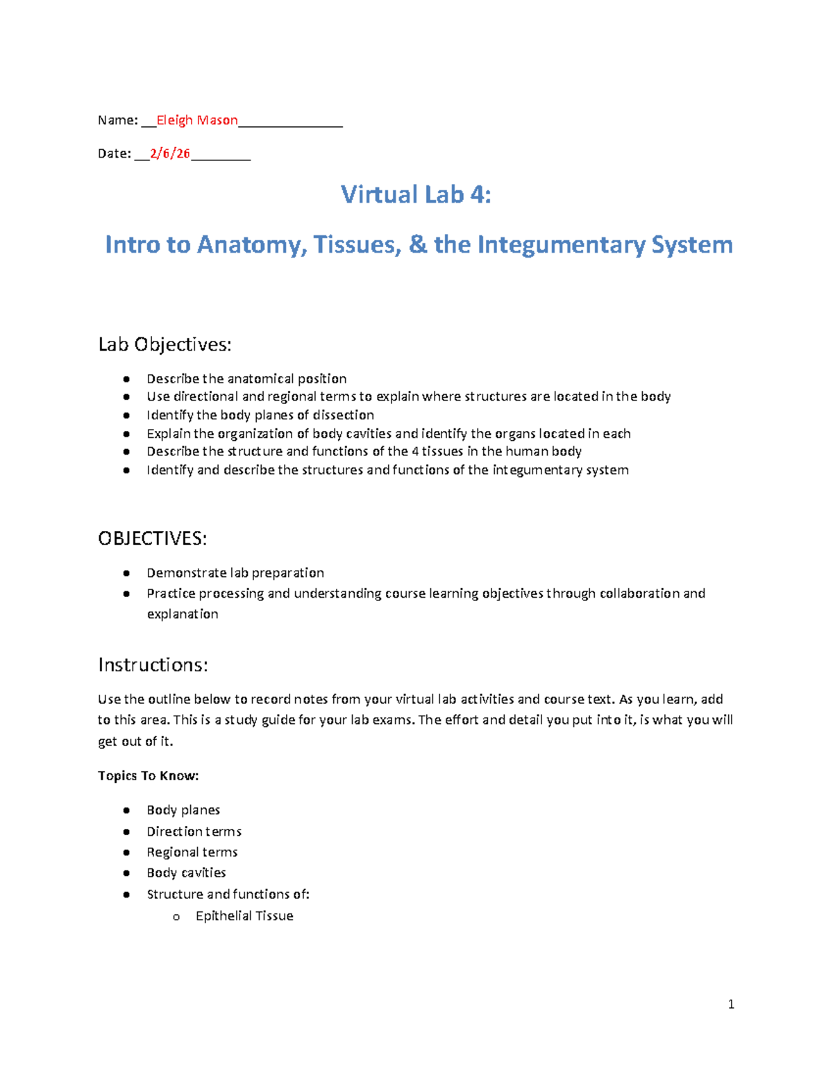 Virtual Lab 4: Intro to Anatomy & Integumentary System - Studocu