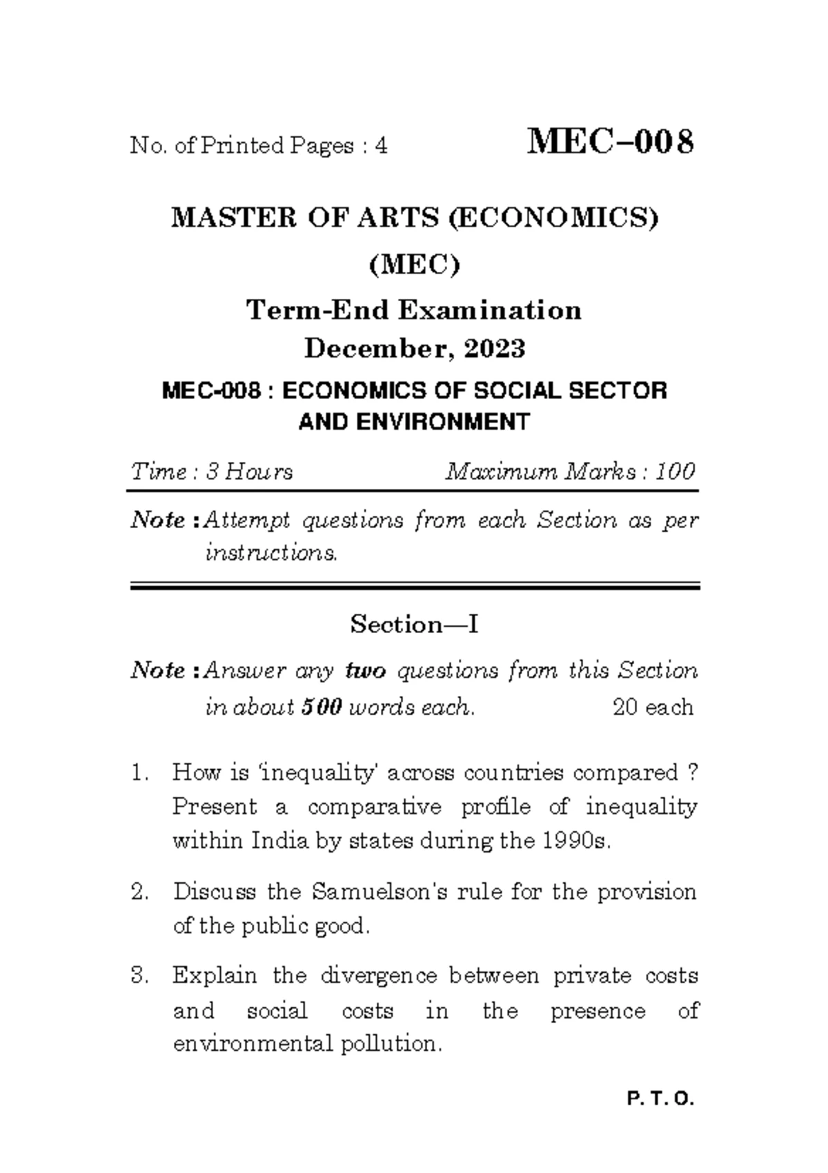 MEC-004 December 2023 Exam Paper: Economics of Growth & Development ...