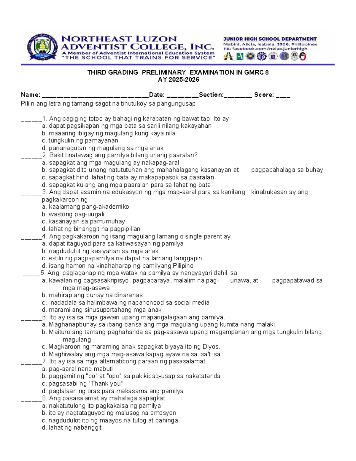 Third Grading Prelim Exam in GMRC 8: Answer Key and Review - Studocu