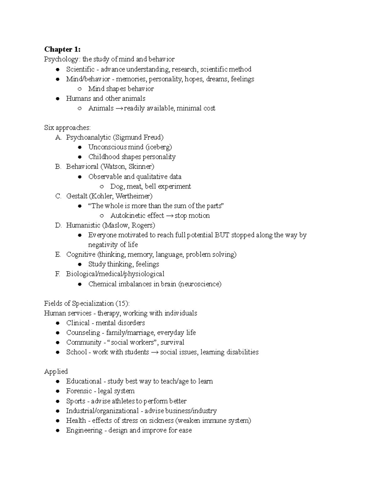 PSY 110 Test 1 Review Sheet Chapter 1-4 - Chapter 1: Psychology: the ...