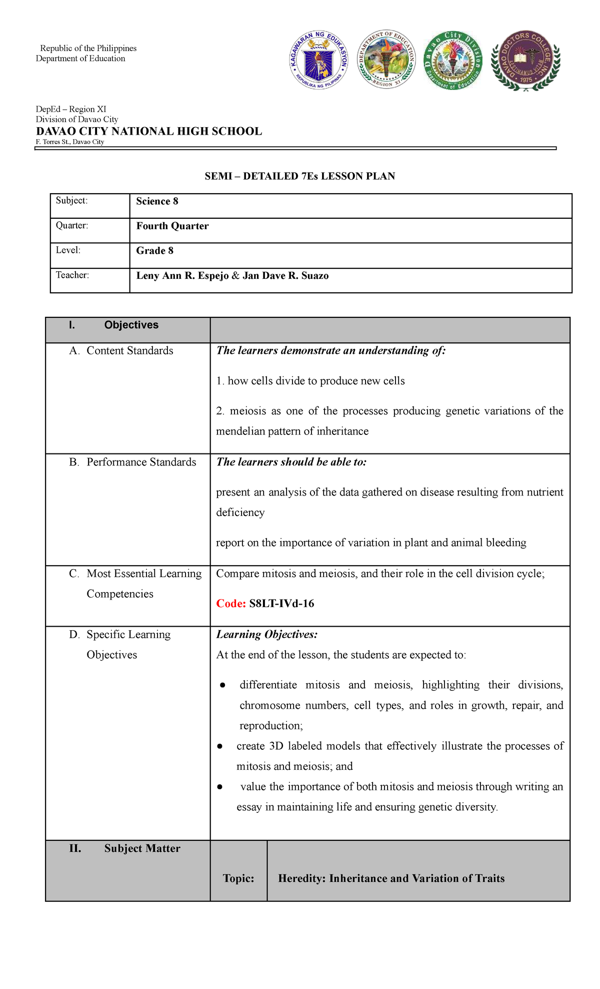 Science 8 Lesson Plan: Mitosis vs. Meiosis (4th Quarter) - Studocu