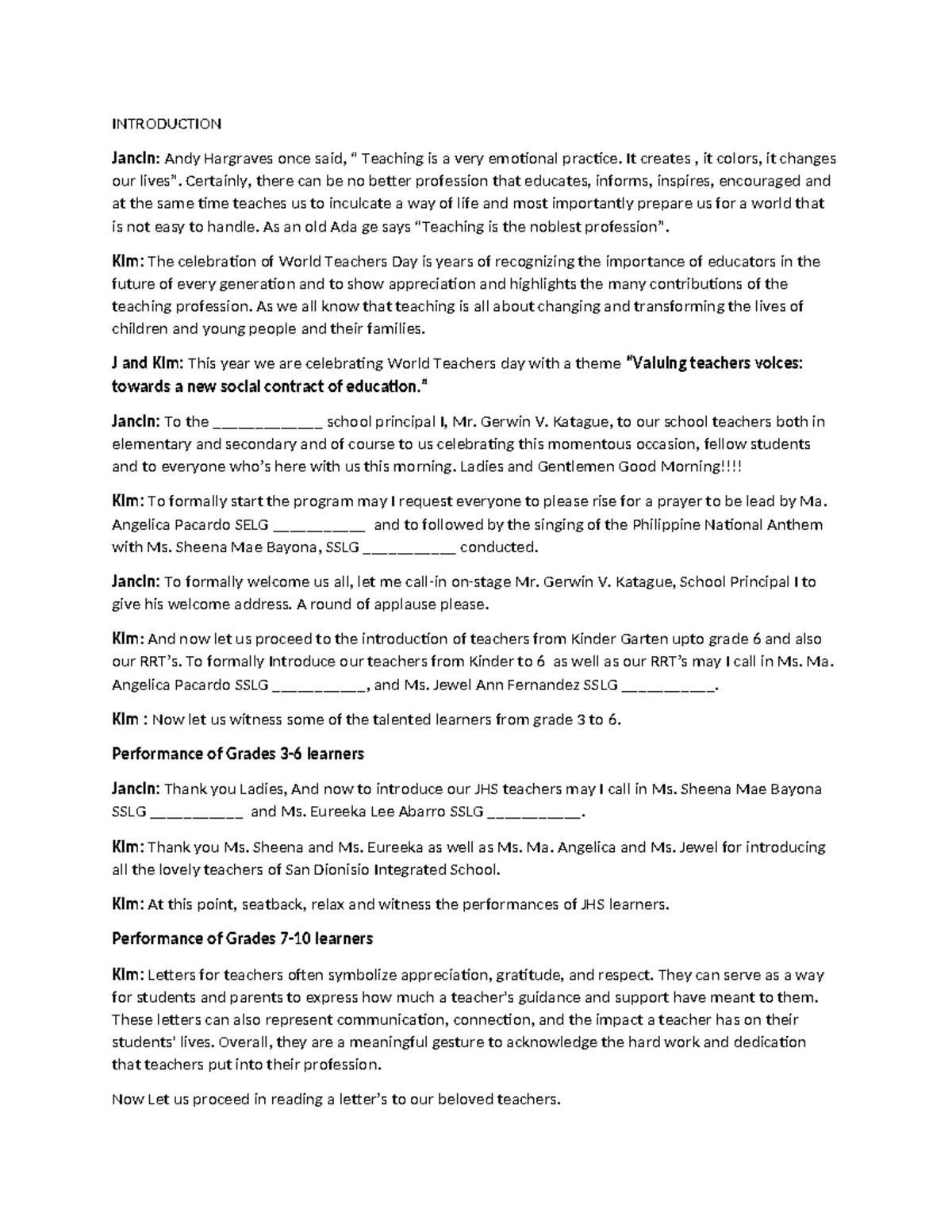 Teachers DAY Emcee Script - INTRODUCTION Jancin: Andy Hargraves once ...