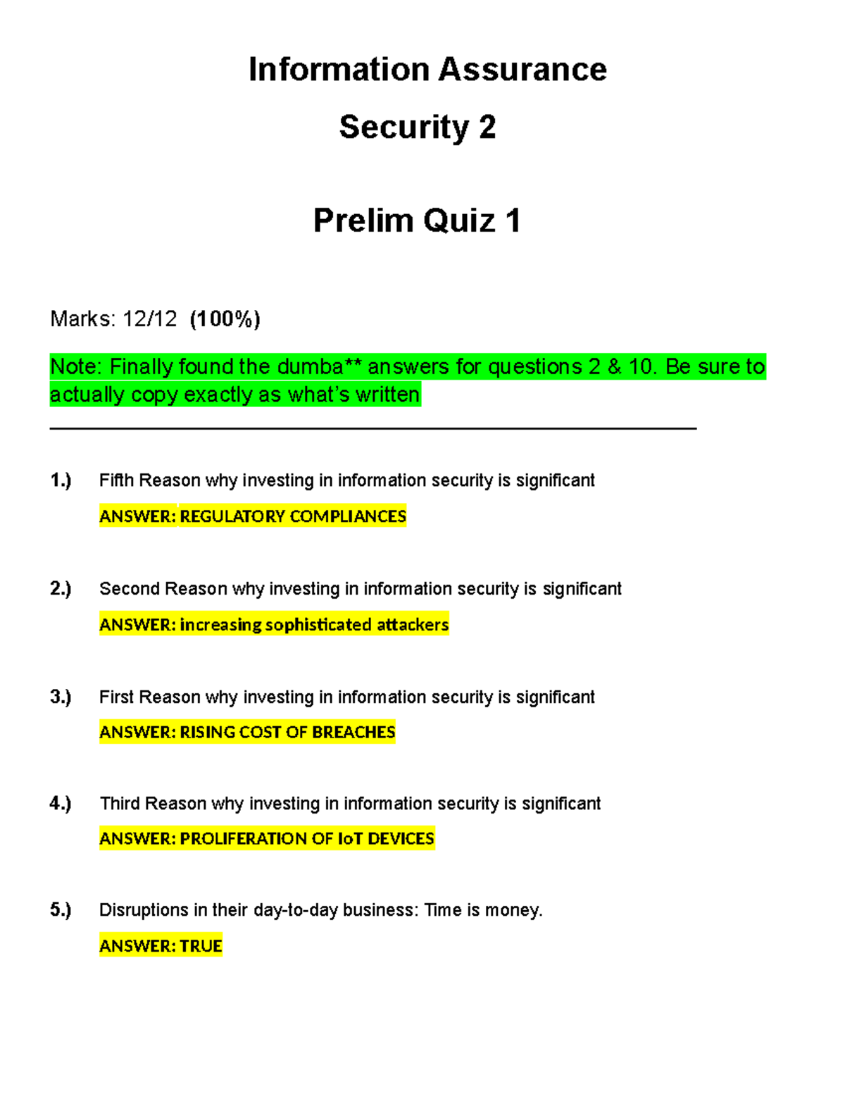 Information Assurance & Security 2 Prelim Quiz 1 - Answers Included - Studocu