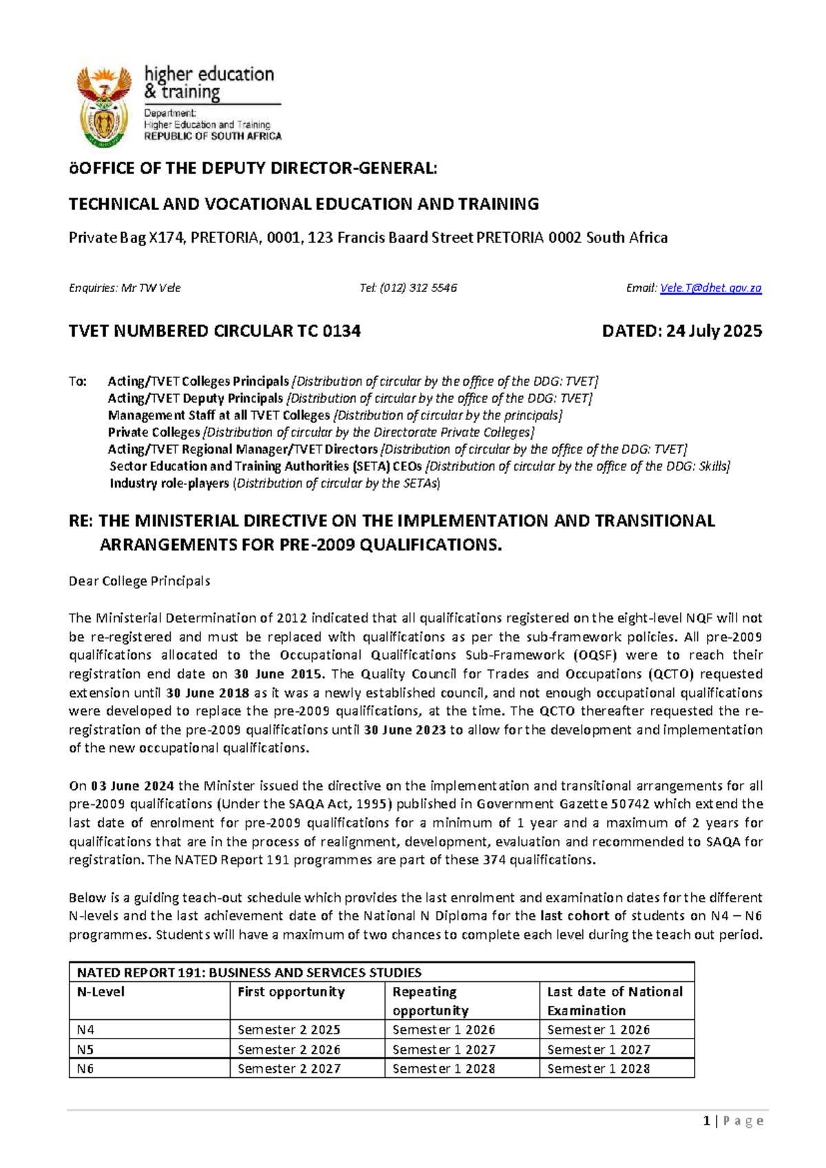 TC 0134 - Ministerial Directive on Qualification Transition ...