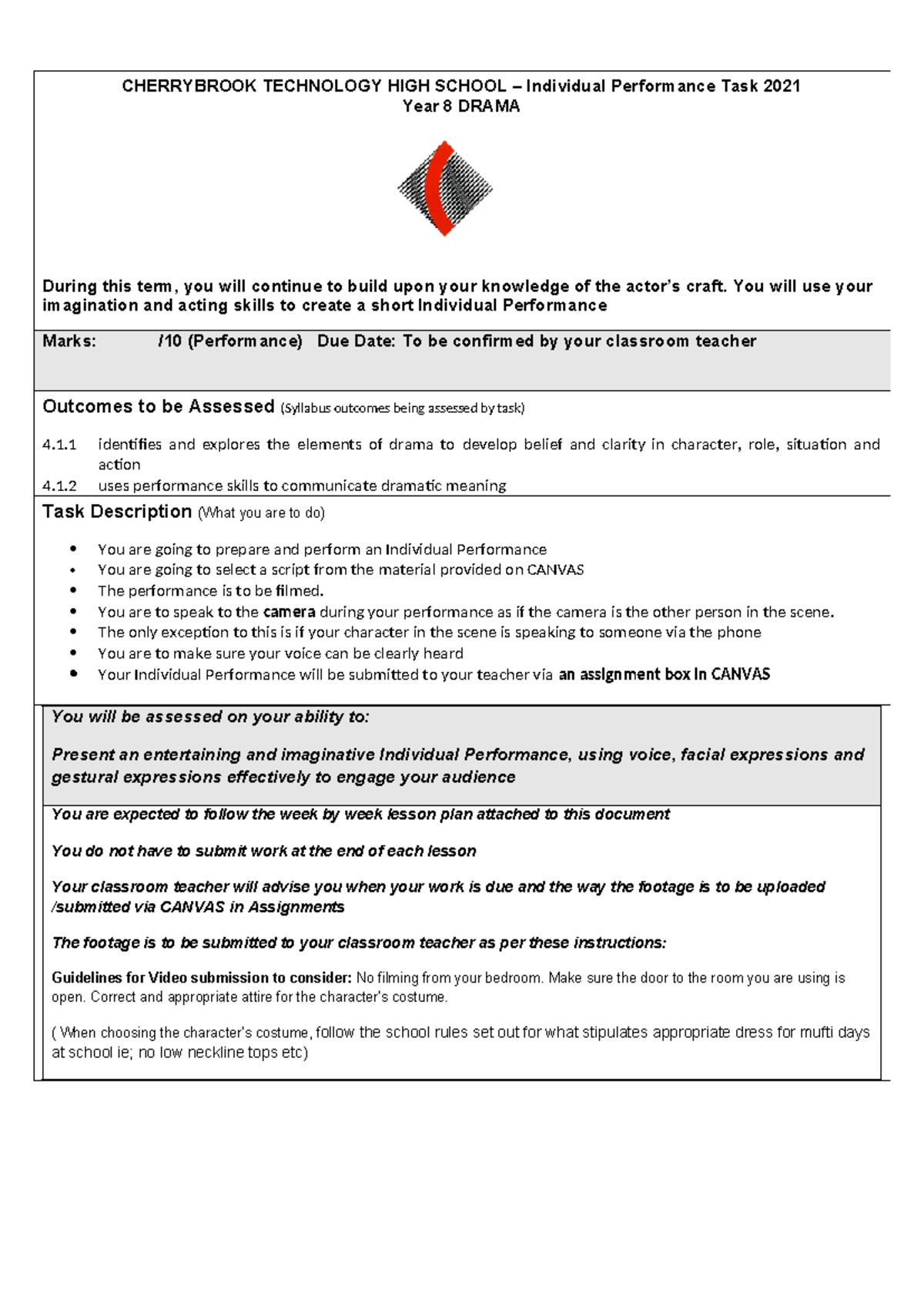 Y8 DRAMA Individual Performance Task Notification 2021 Guidelines - Studocu