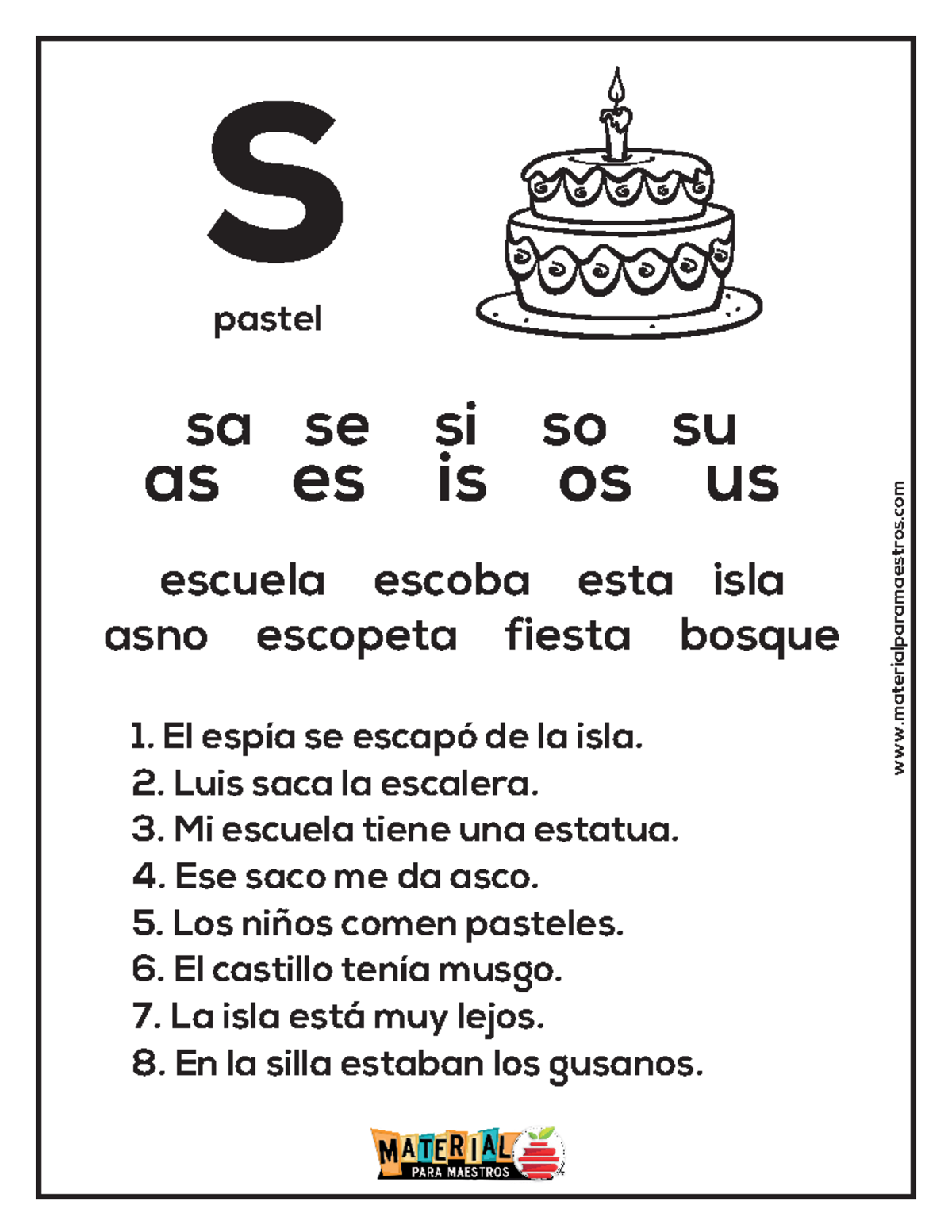 Lecturas de las silabas inversas - s ####### pastel sa se si so su as ...