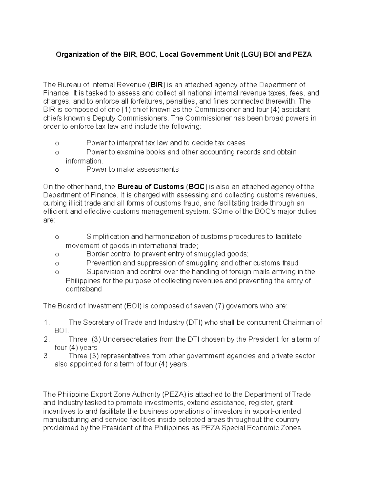 Revamped Organizational Structure of BIR, BOC, BOI, LGUs, and PEZA ...