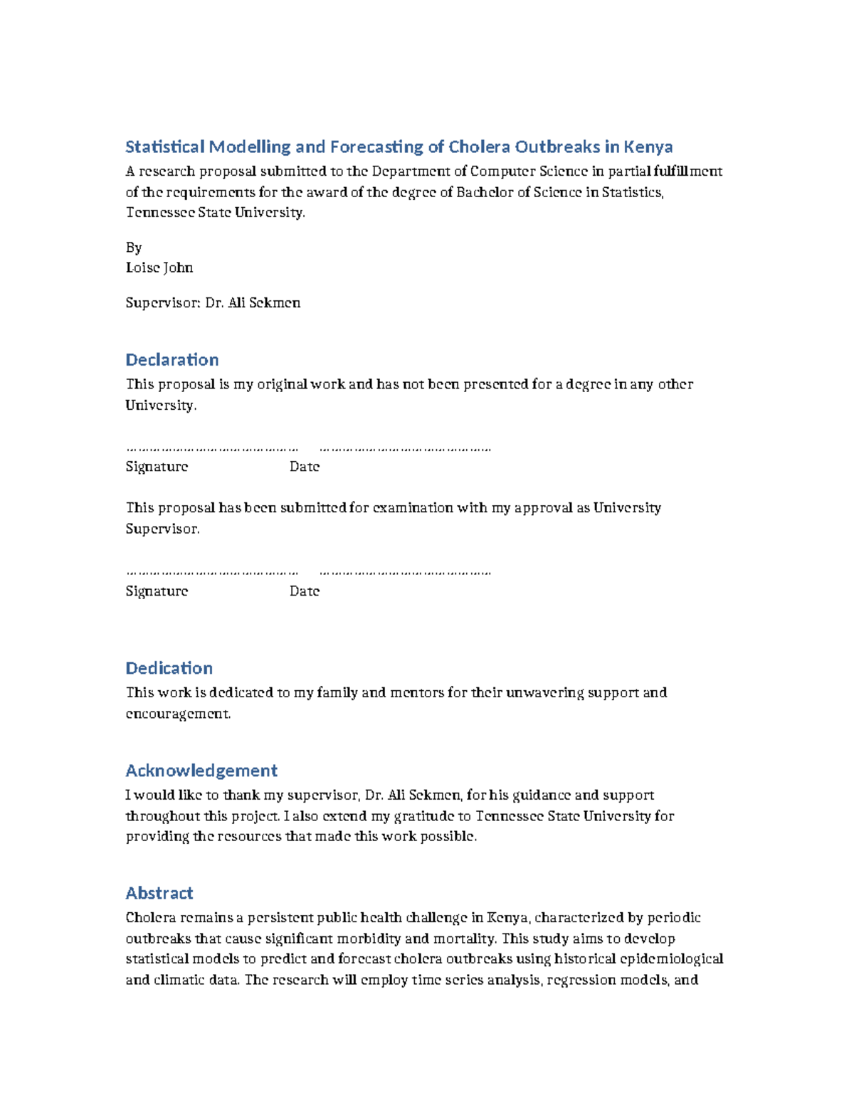 Statistical Modelling & Forecasting of Cholera Outbreaks in Kenya - BSc ...