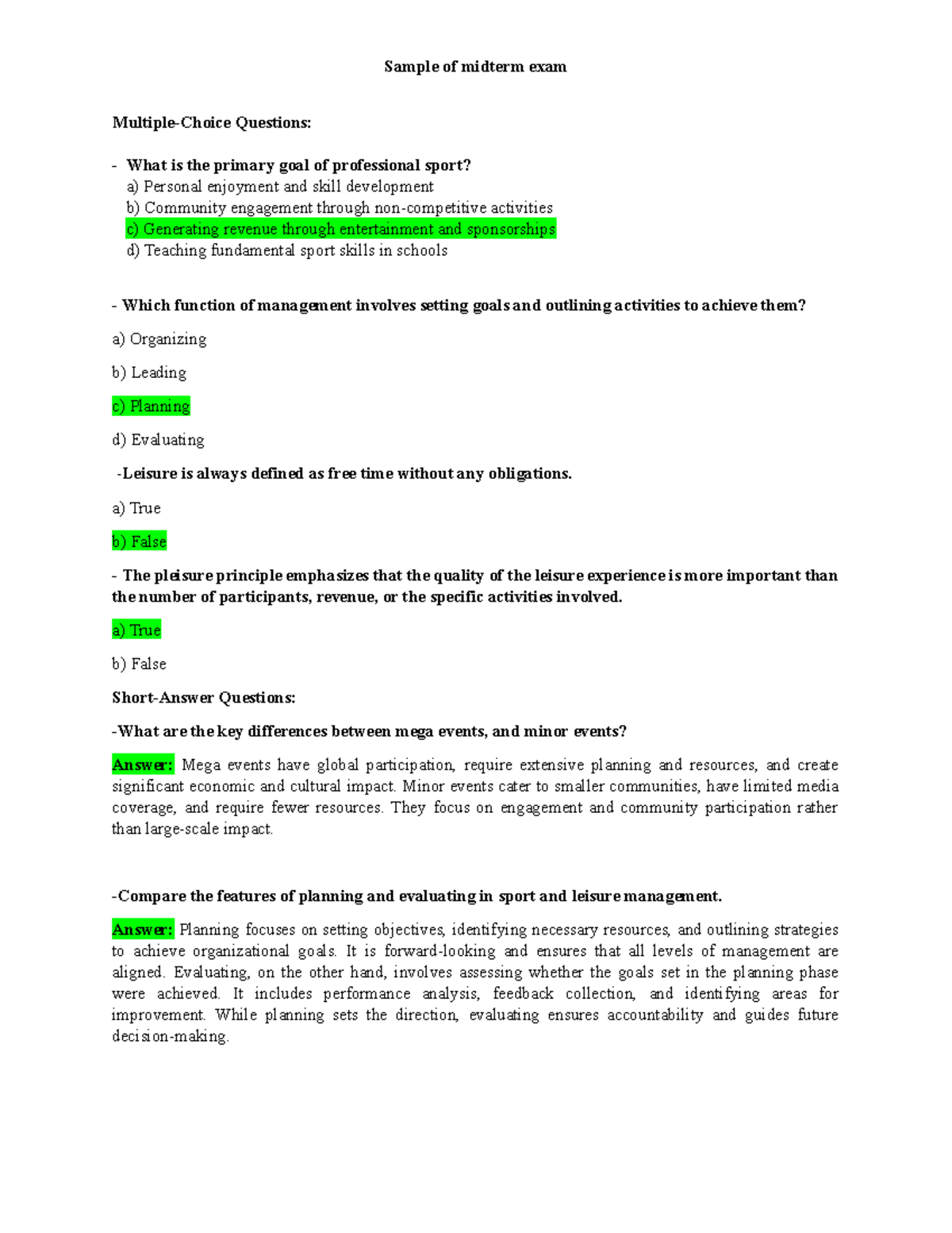 Midterm Exam Example: Sport & Leisure Management MCQs & Short Answers ...