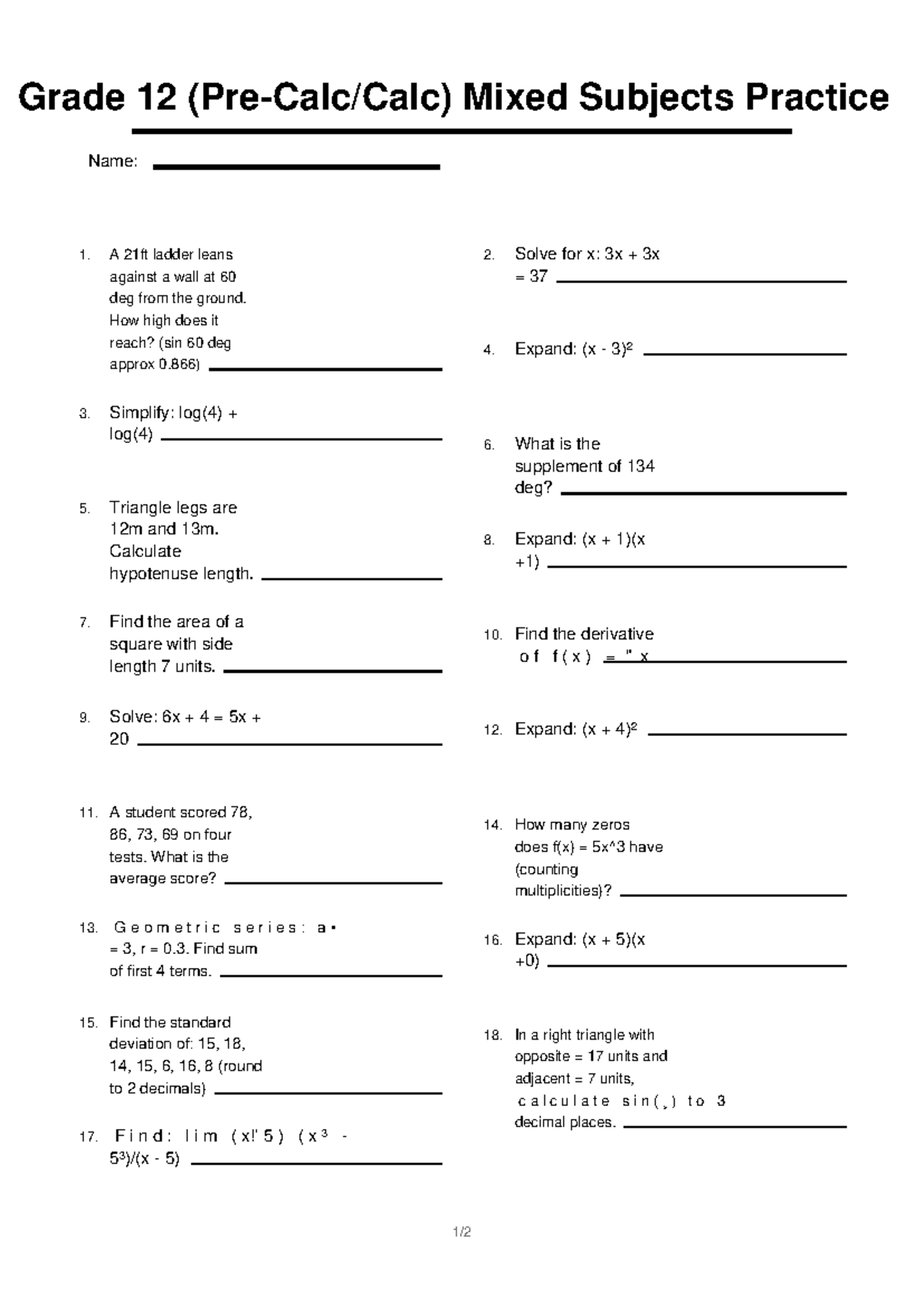 Grade 12 (Calc) Mixed Subjects Practice 4: Math Problems & Solutions ...