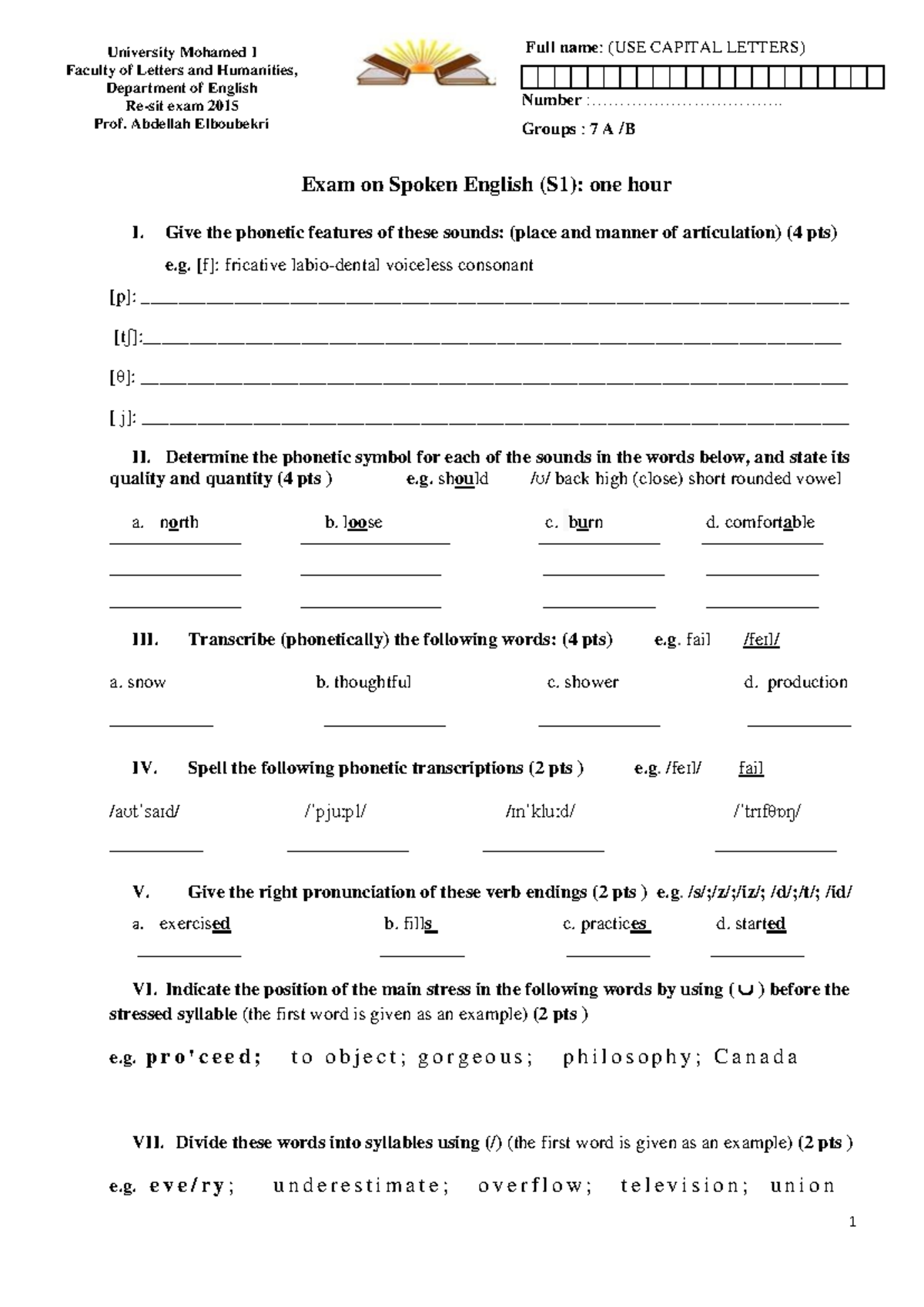 Resit- Exam2015 on spoken English S1 - 1 Exam on Spoken English (S1 ...