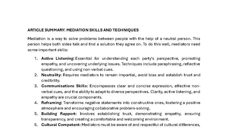 Mediation Skills & Techniques: Article Summary Overview - Studocu