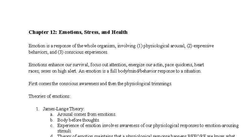 Chapter 12 Emotions, Stress, and Health - Chapter 12: Emotions, Stress ...