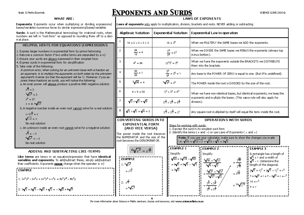 Exponents and Surds: Grade 12 Maths Essentials Guide - Studocu