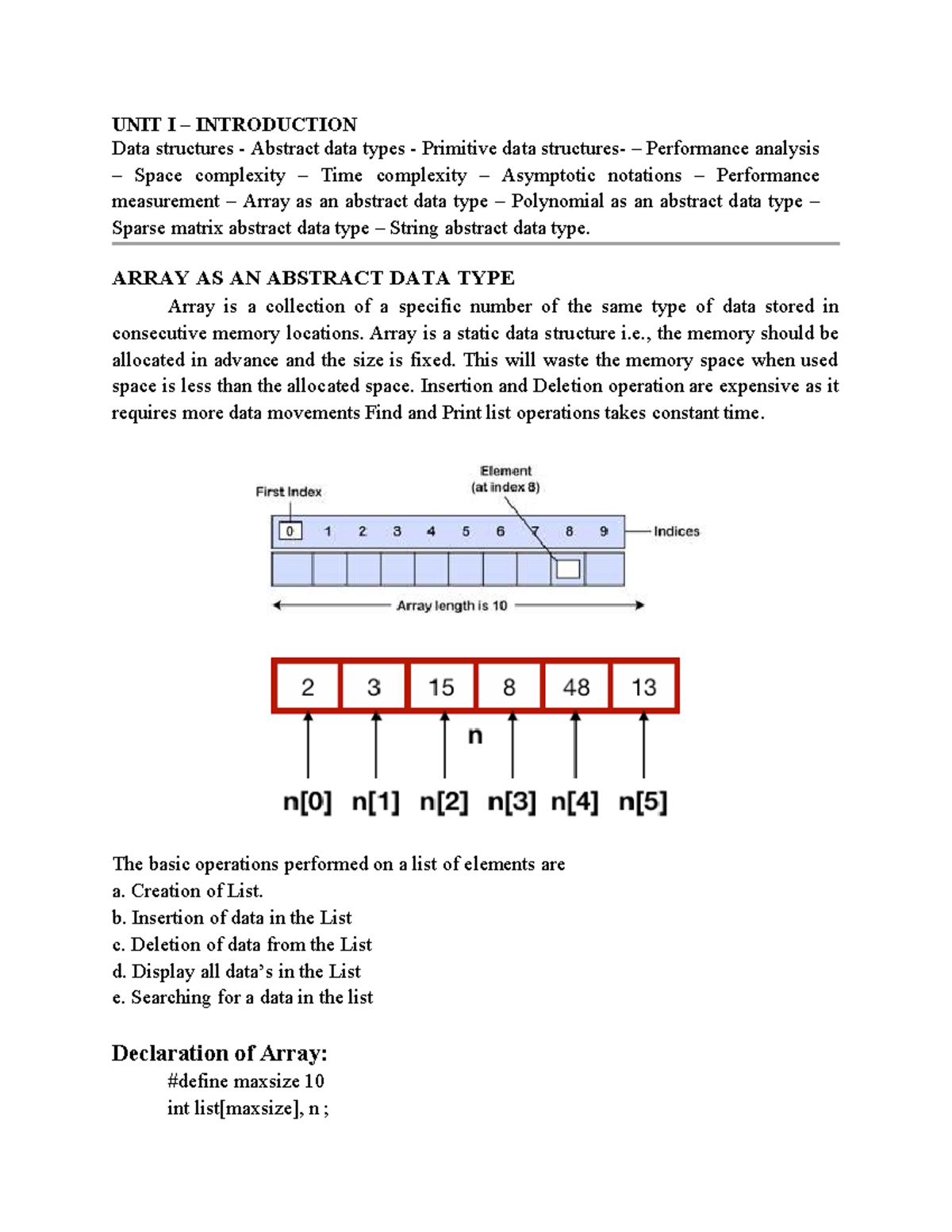 CS101: Unit I - Introduction to Array as an Abstract Data Type - Studocu