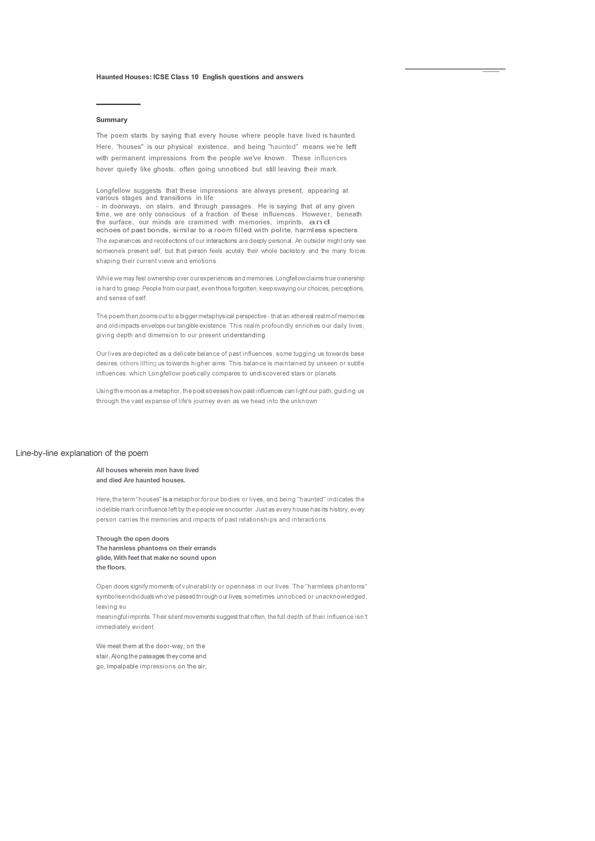 Haunted Houses: ICSE Class 10 English Poem Analysis & Q&A Guide - Studocu