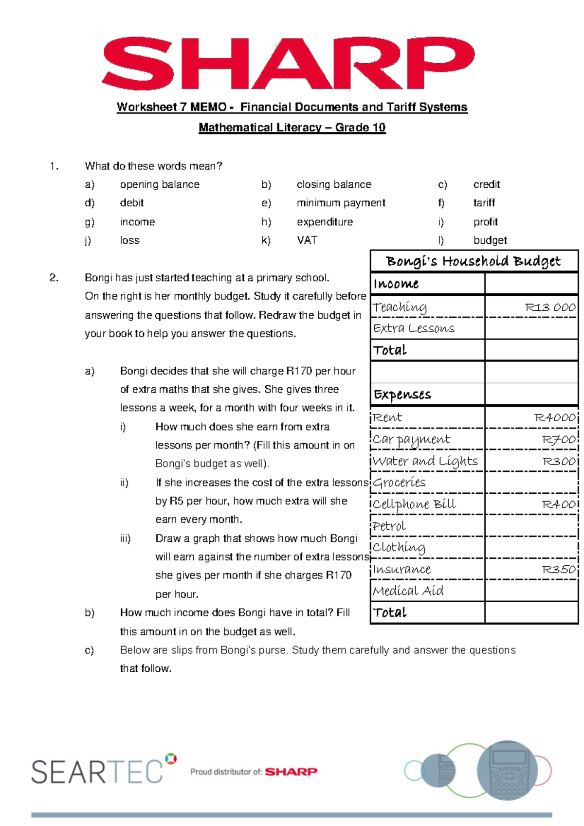 Worksheet 7: Financial Documents & Tariff Systems - Grade 10 ...